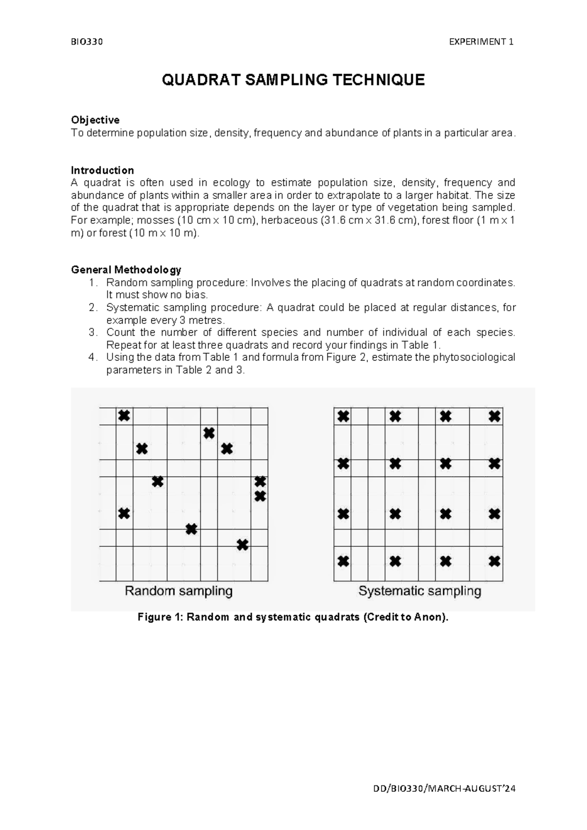 EXP 1 Quadrat Sampling Technique - BIO330 EXPERIMENT 1 DD/BIO330/MARCH ...