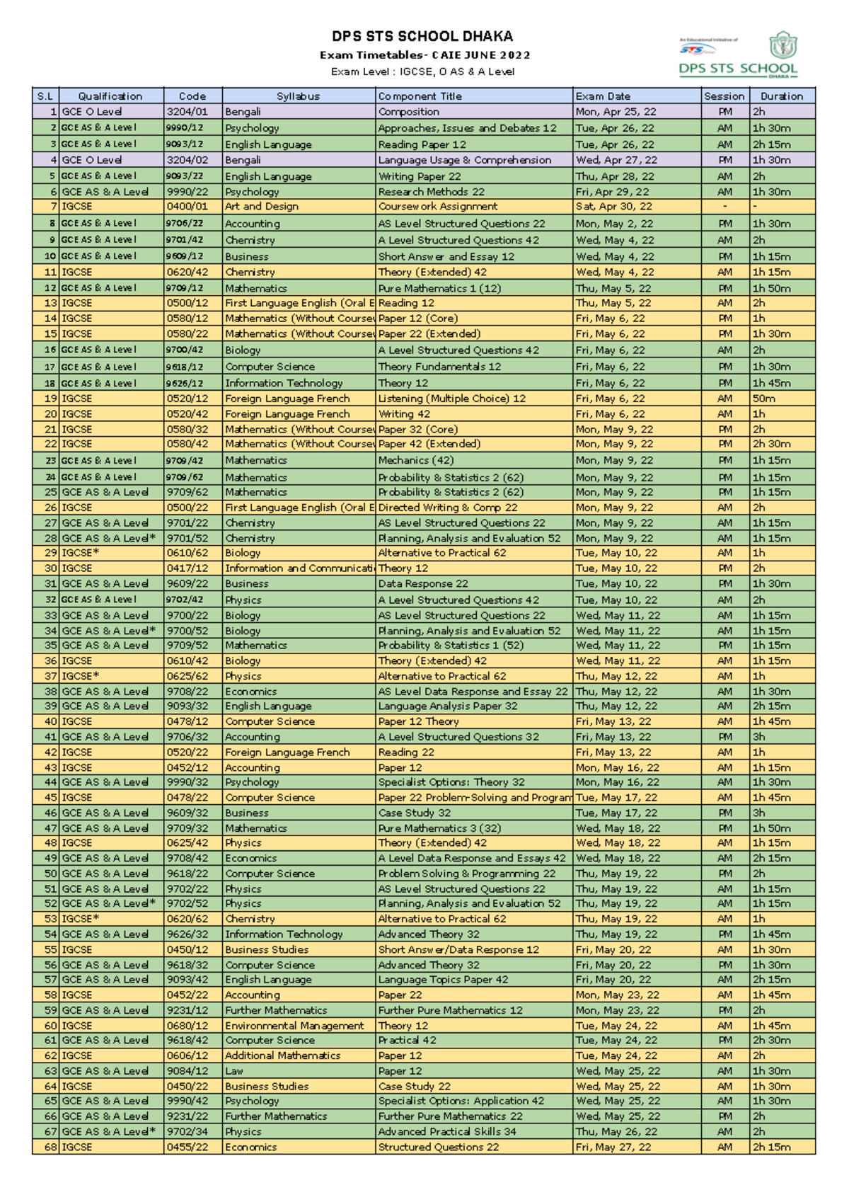 CAIE Exam Timetable - All w O Em - DPS STS SCHOOL DHAKA Exam Timetables ...