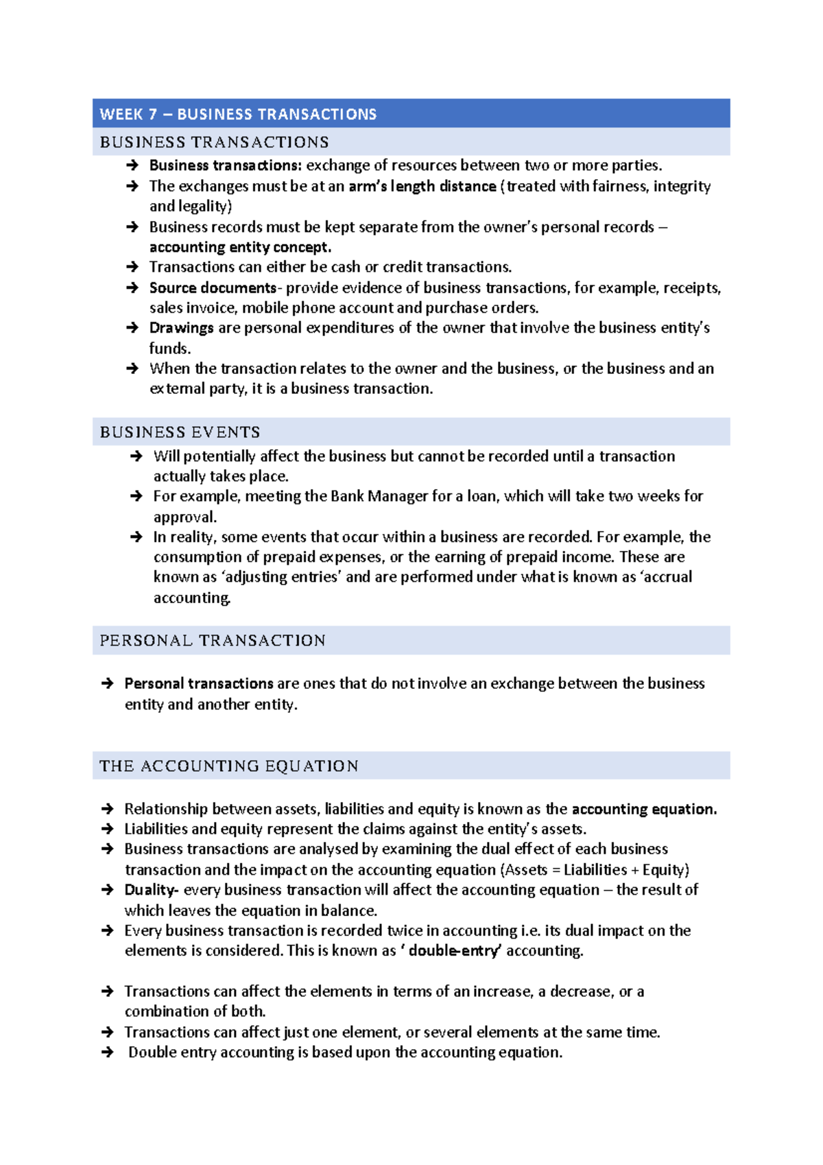 Week 7 - WEEK 7 – BUSINESS TRANSACTIONS BUSINESS TRANSACTIONS Business ...