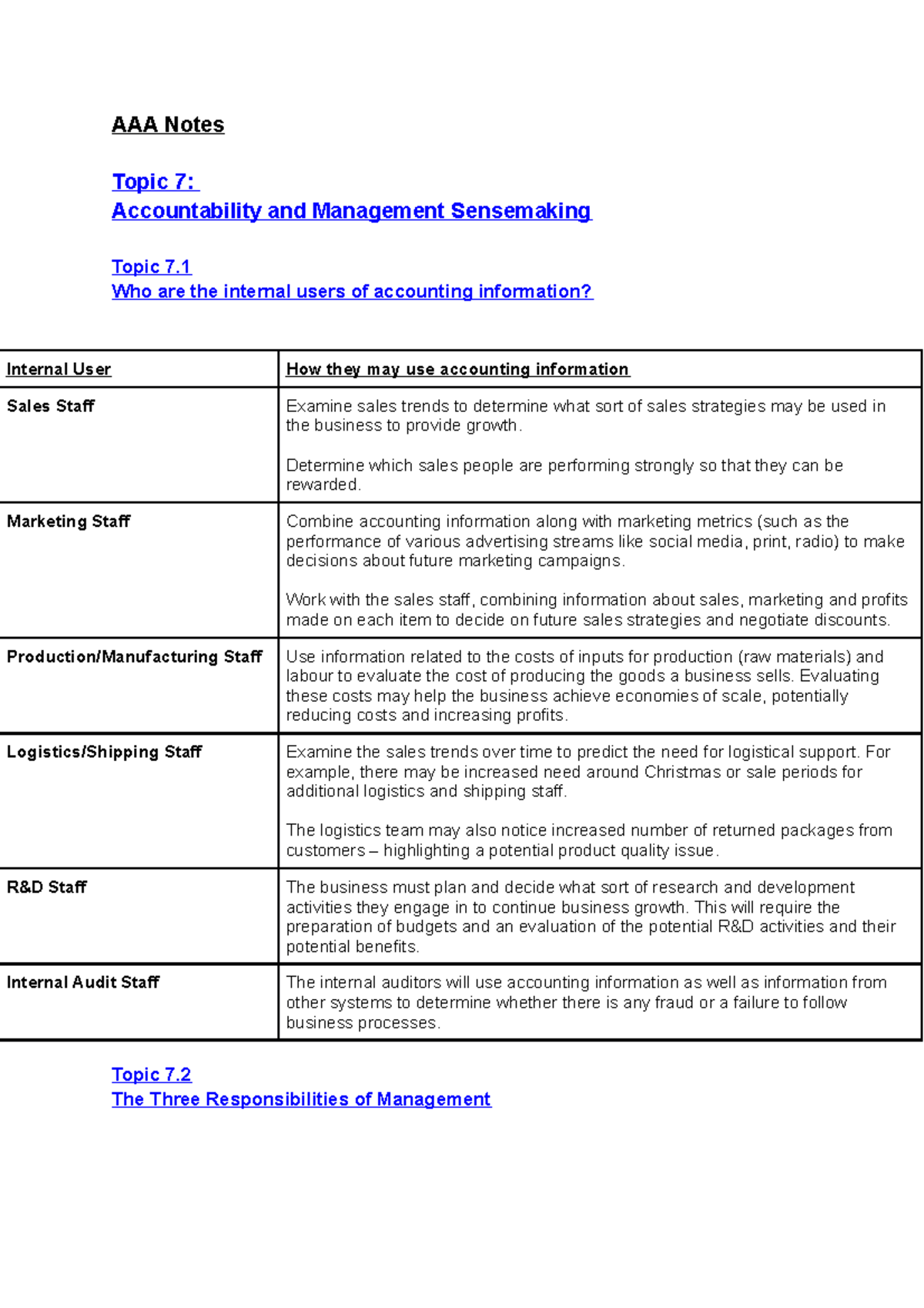 AAA Notes - AAA Notes Topic 7: Accountability and Management ...