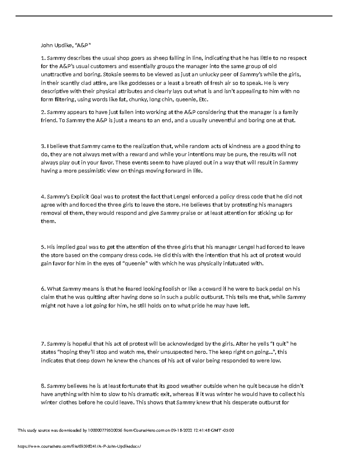 A P John Updike - Week 4 discussion post ENG 2256 - John Updike, “A&P ...