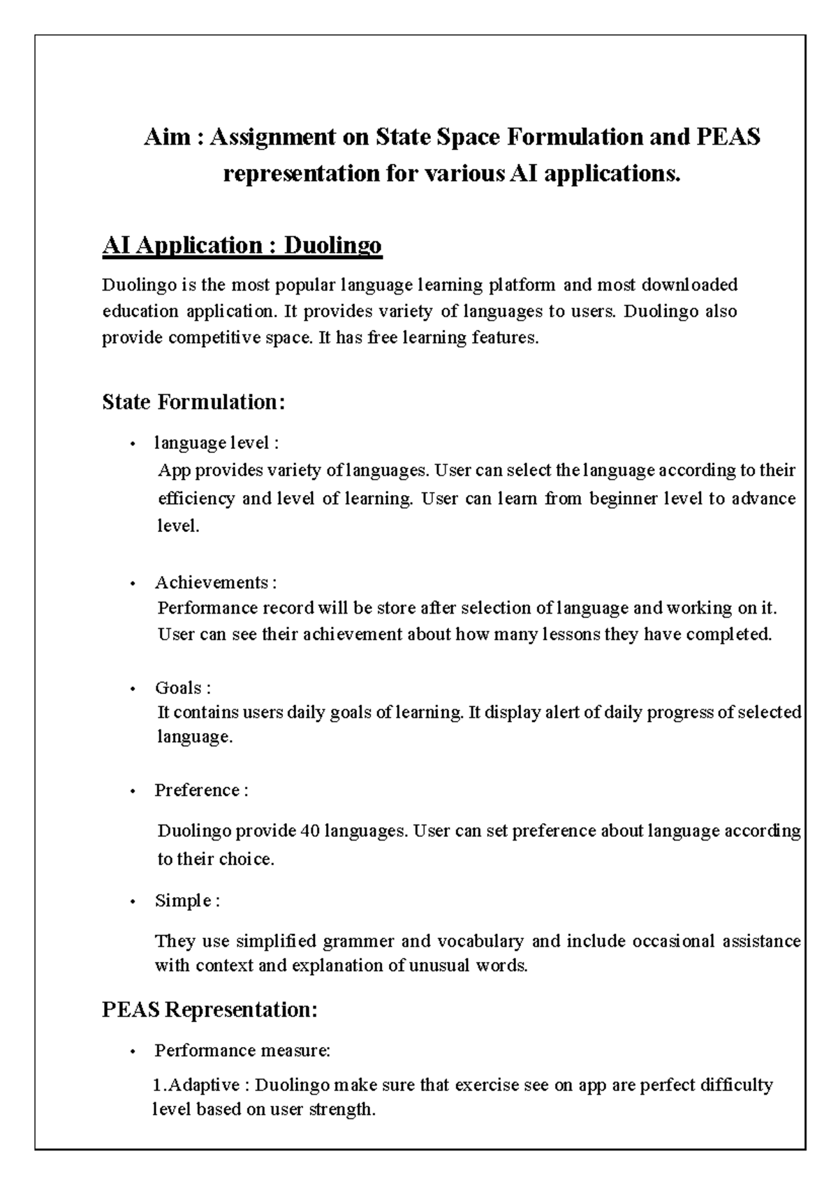 AI Application and PEAS representations 1 - Aim : Assignment on State Space Formulation and PEAS ...