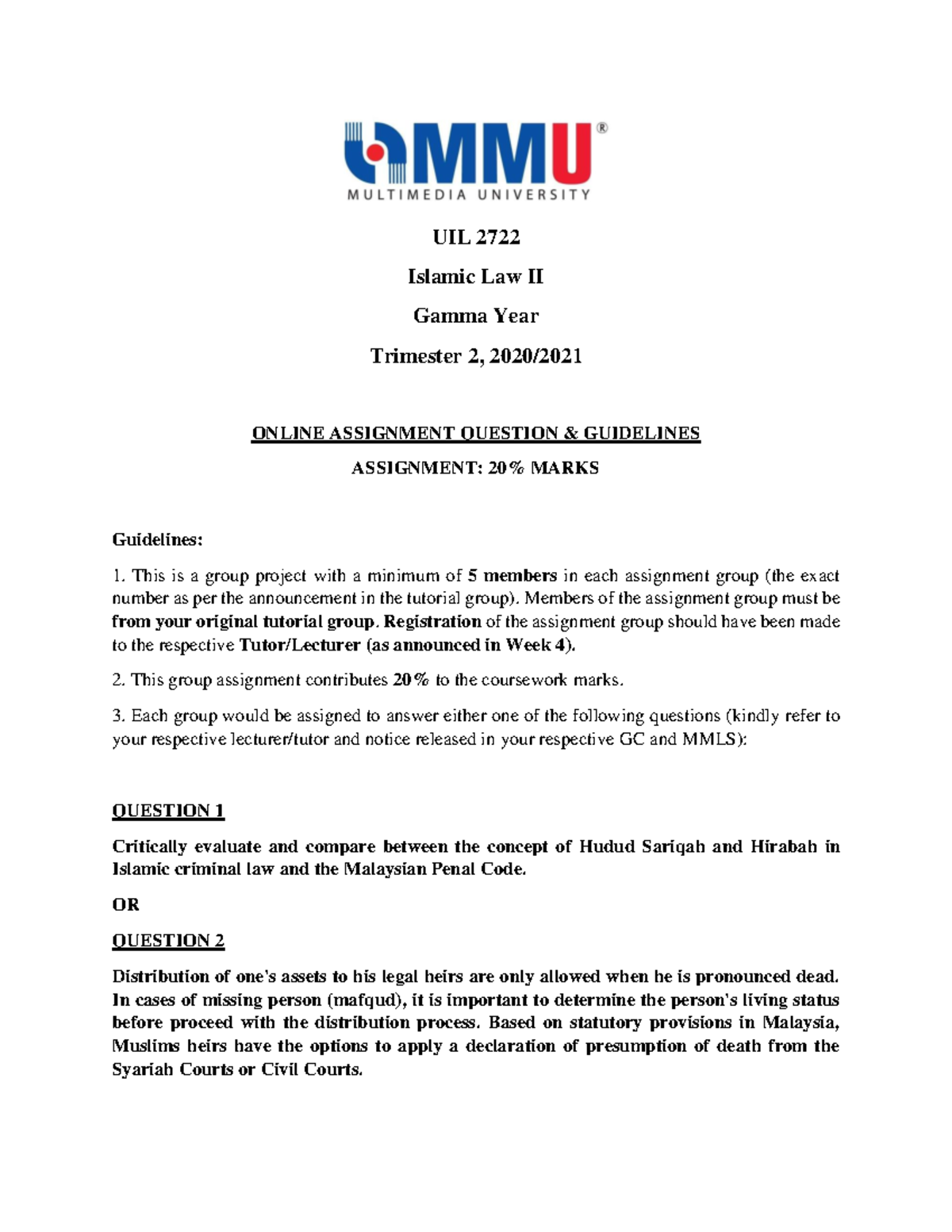Assignment Guidelines UIL 2722 (2020) - UIL 2722 Islamic Law II Gamma Year Trimester 2, 2020 ...