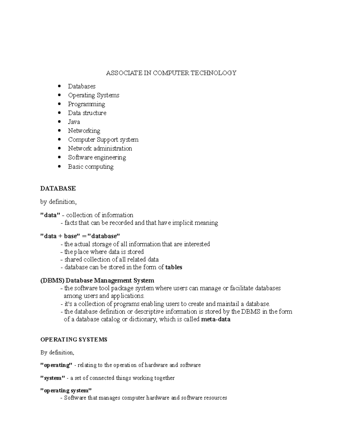Associate In Computer Technology Notes Associate In Computer Technology · Databases 