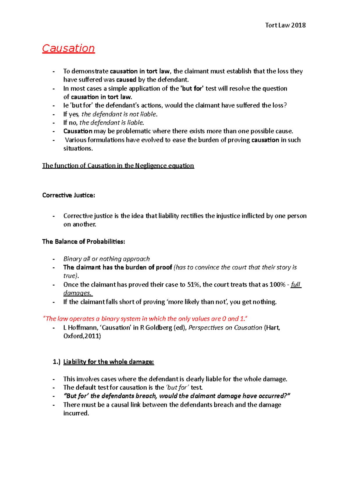 Tort Law 2018 Causation and Liability in Tort Cases - Studocu