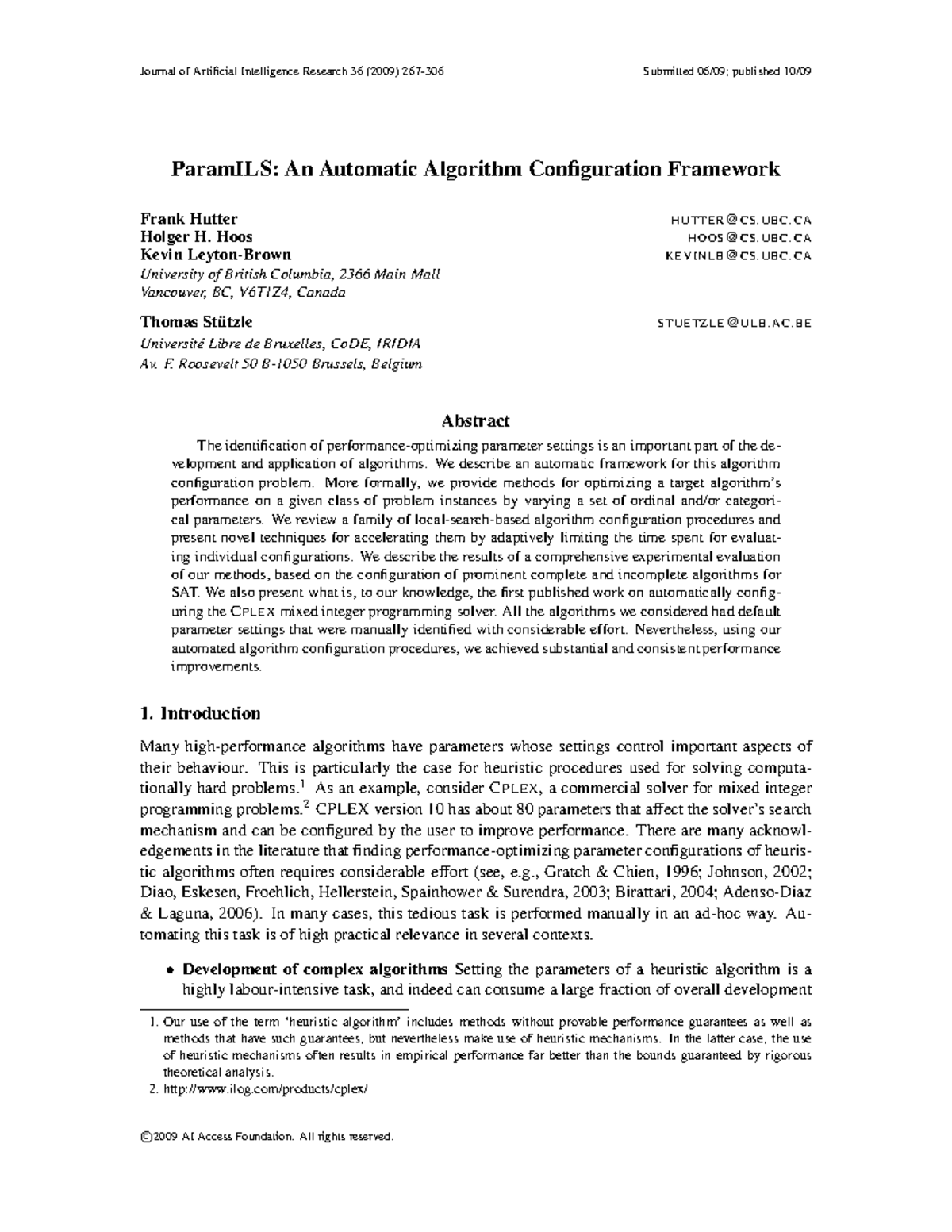 Param ILS An Automatic Algorithm Configuration Framework - Hoos Kevin HUTTER CS . UBC . CA HOOS ...