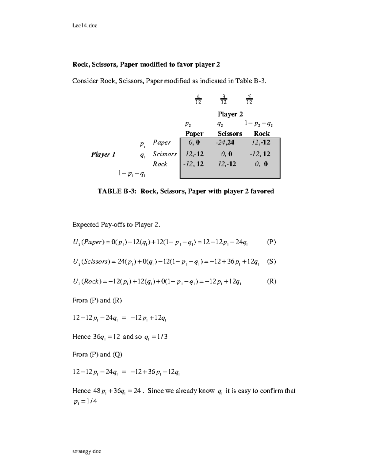 Lec14 - Lec14 strategy Rock, Scissors, Paper modified to favor player 2 ...