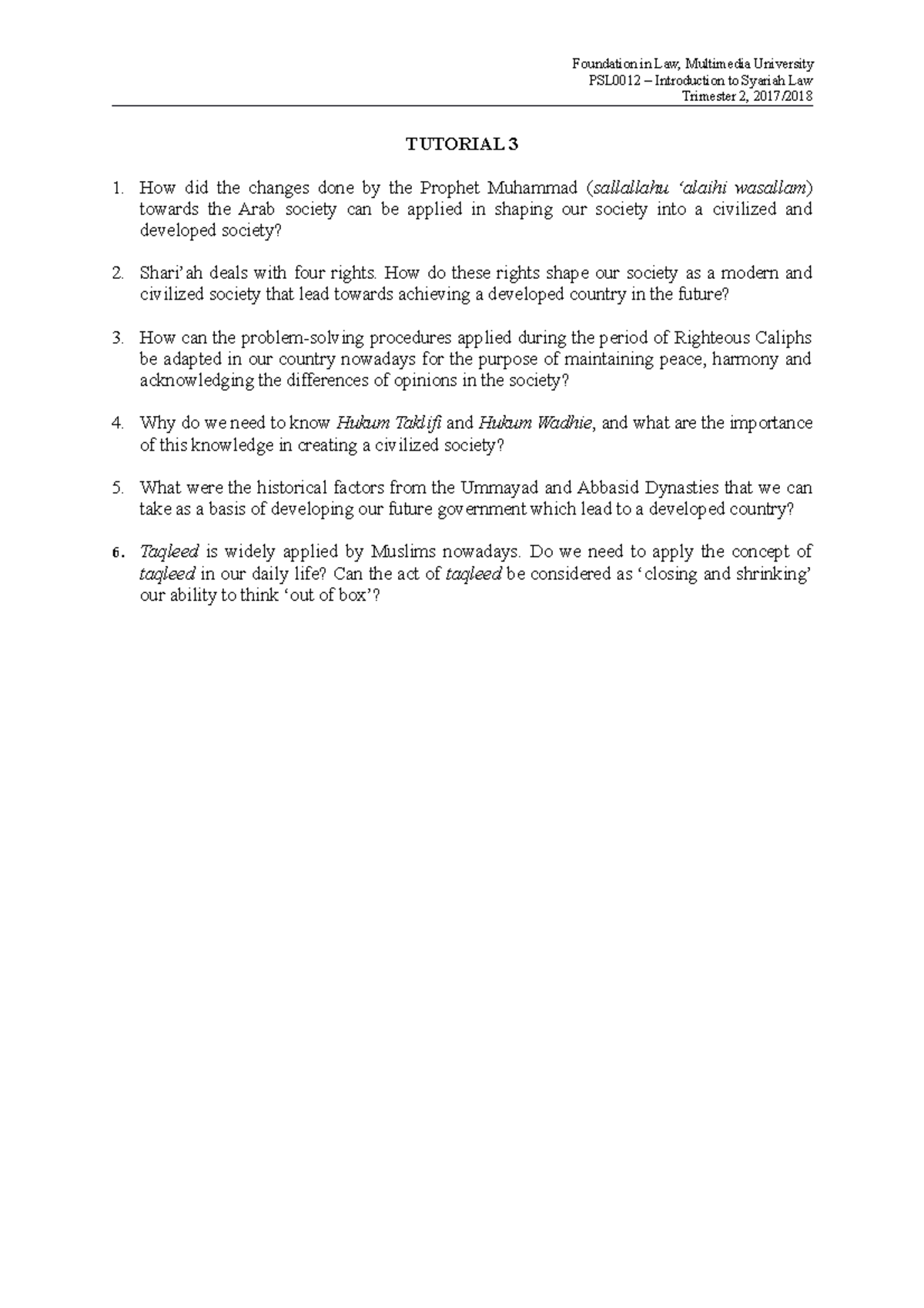 186960 Tutorial 3 PSL0012 Intro to Syariah Law Tri 2 2017-2018 ...