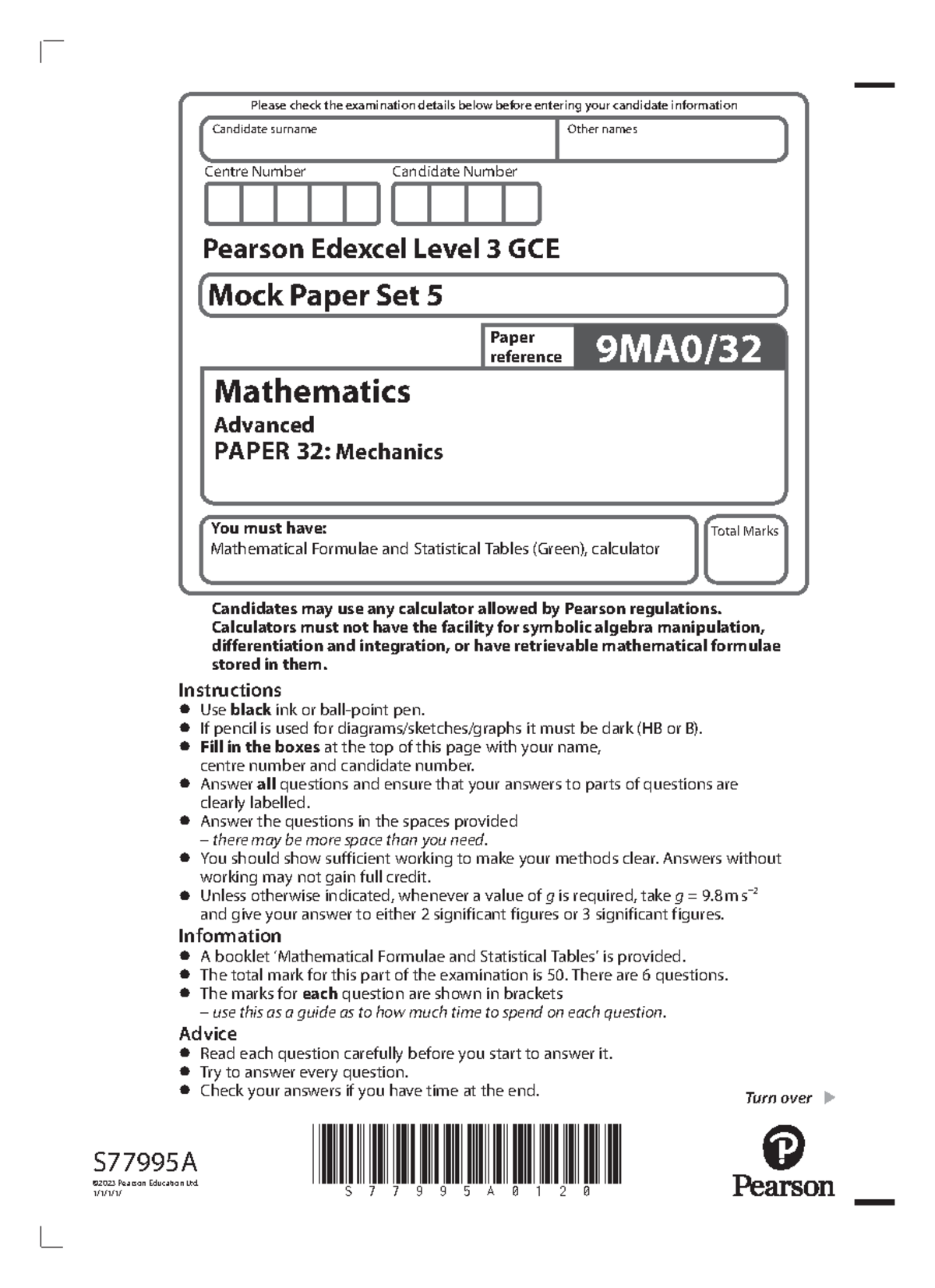 0s5 9MA0-32 Mechanics - Mock set 5 question paper (pdf) - S77995A0120 ...