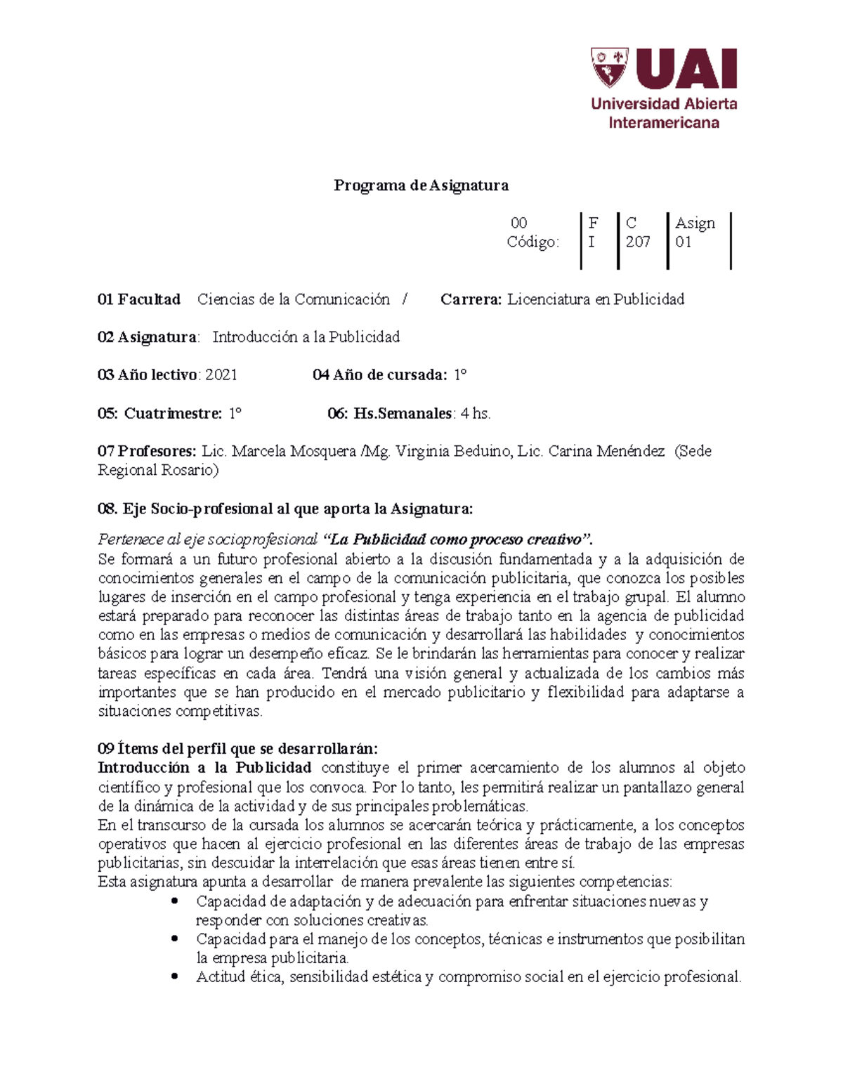 01-Introducción a la Publicidad - Programa de Asignatura 00 Código: F I ...