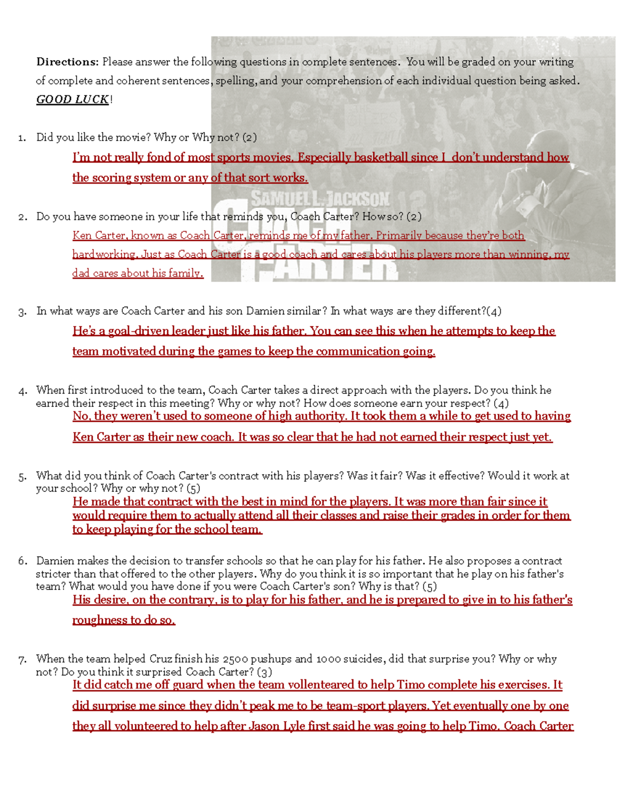 Coach Carter film questions - Directions: Please answer the following ...