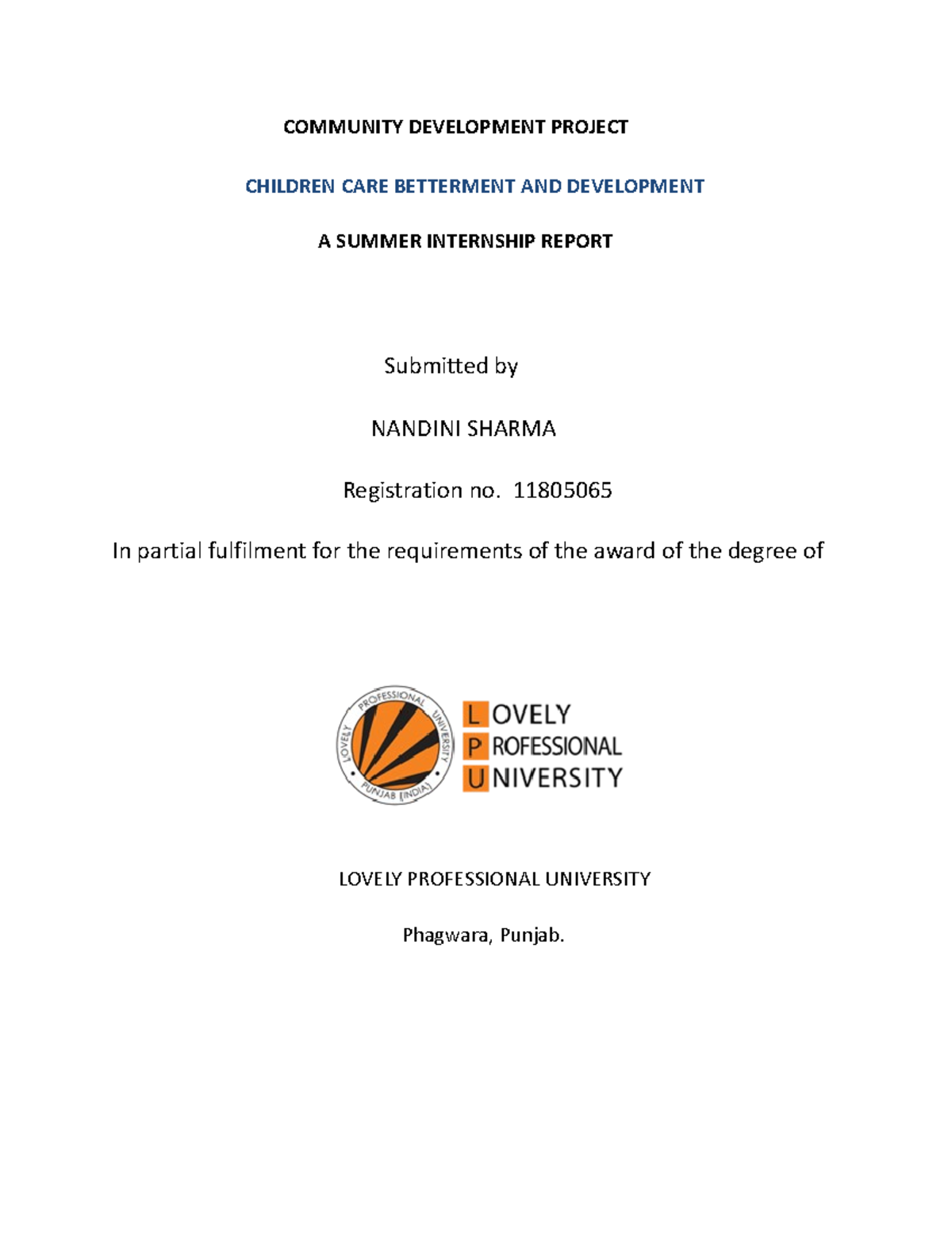 Nandini cdp - CDP file - COMMUNITY DEVELOPMENT PROJECT CHILDREN CARE BETTERMENT AND DEVELOPMENT ...