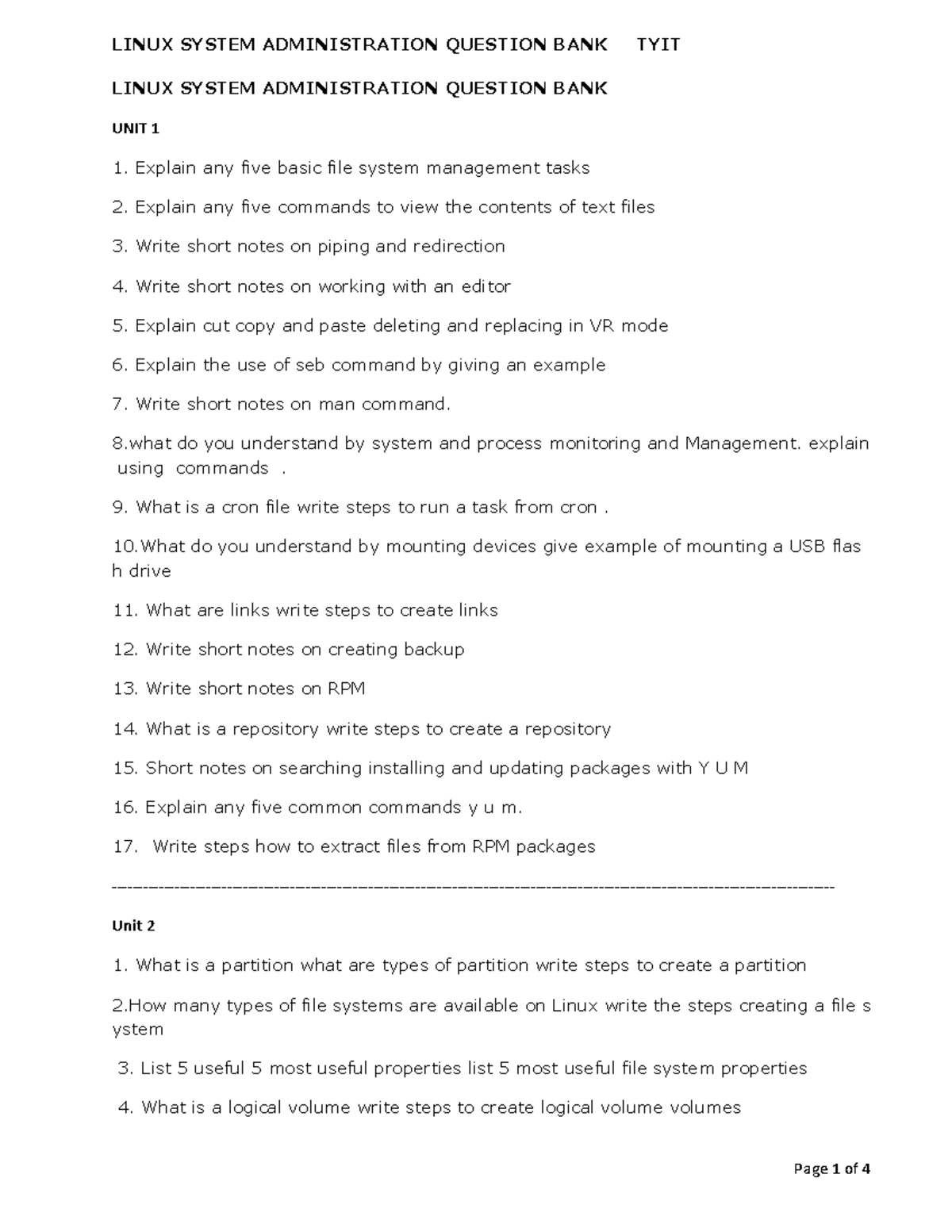 Linux- Question-BANK - LINUX SYSTEM ADMINISTRATION QUESTION BANK UNIT 1 Explain any five basic ...