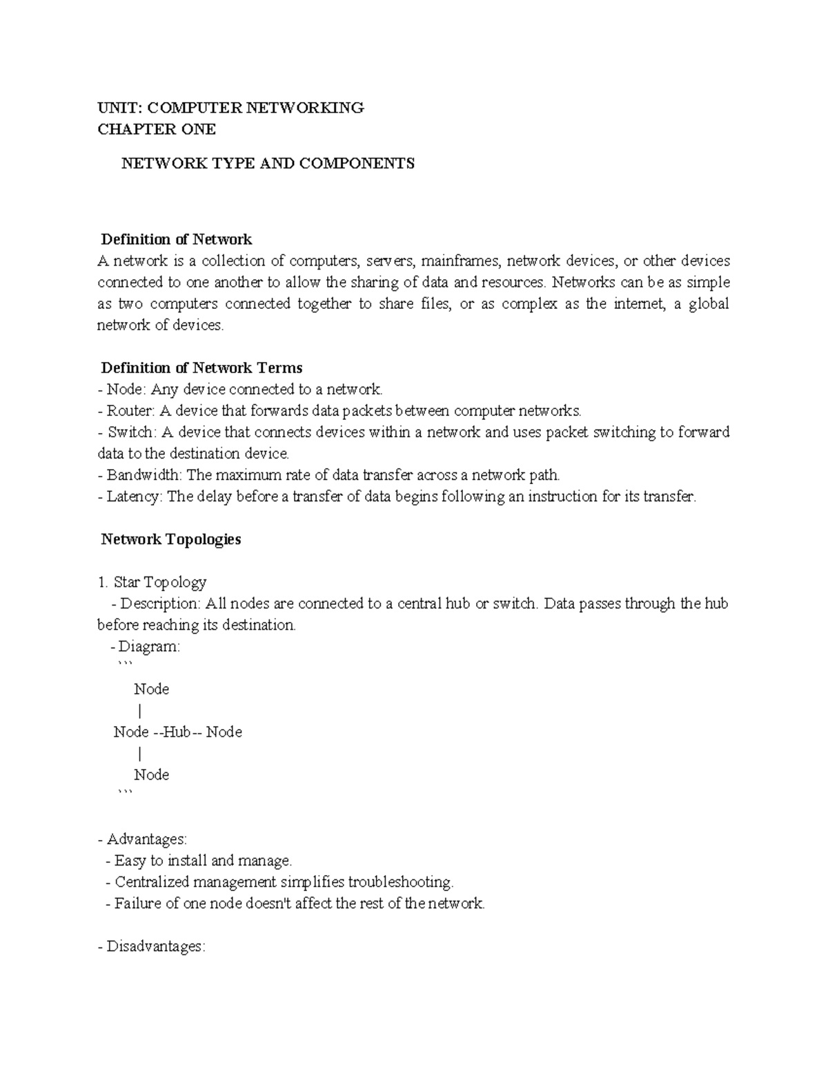Networking Notes Unit Computer Networking Chapter One Network Type And Components Definition