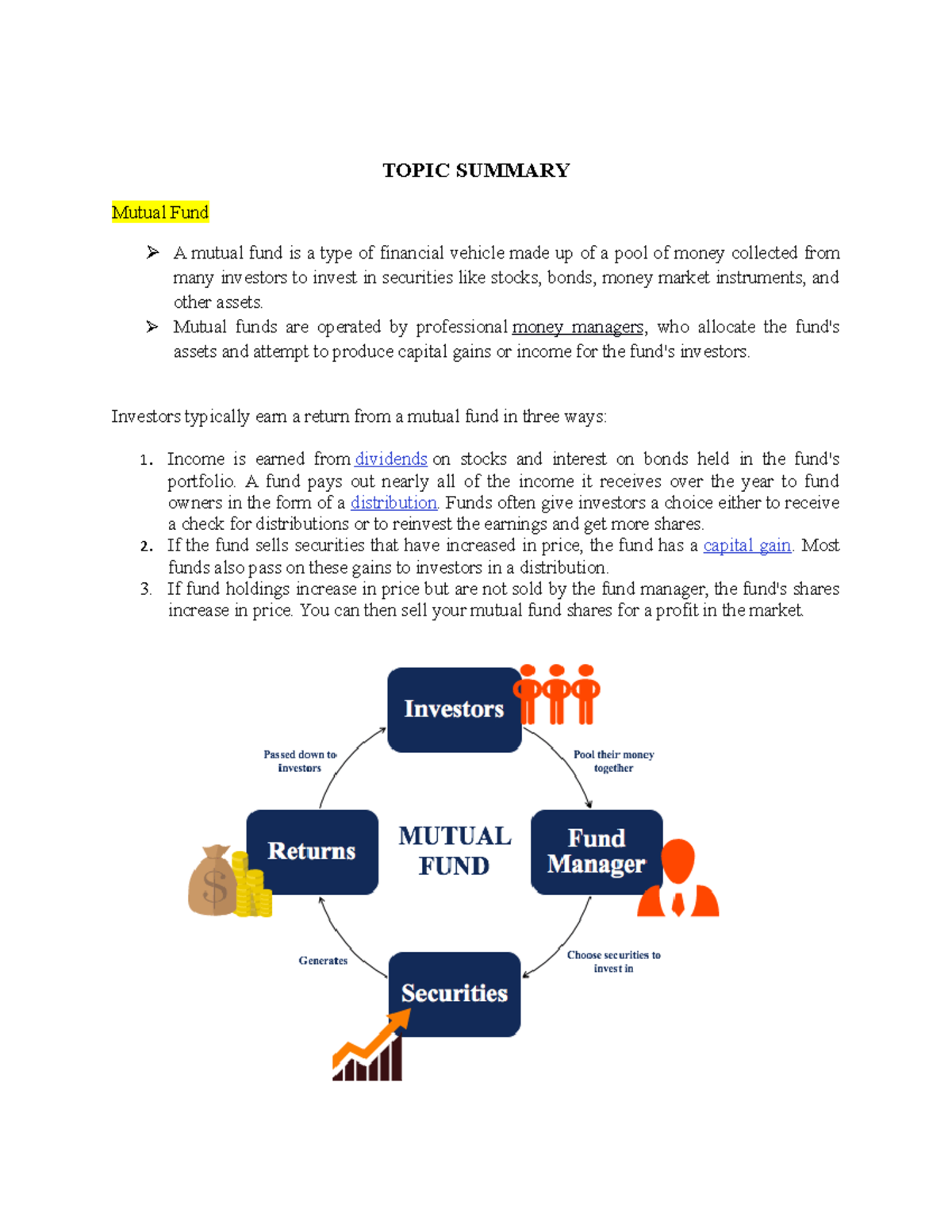 Financial MArkets summary notes - TOPIC SUMMARY Mutual Fund A mutual ...