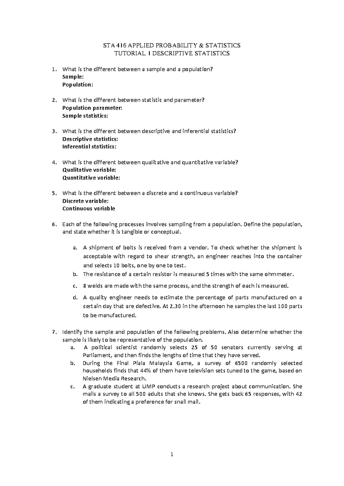 TUTORIAL 1 DESCRIPTIVE STATISTICS - STA 416 APPLIED PROBABILITY ...