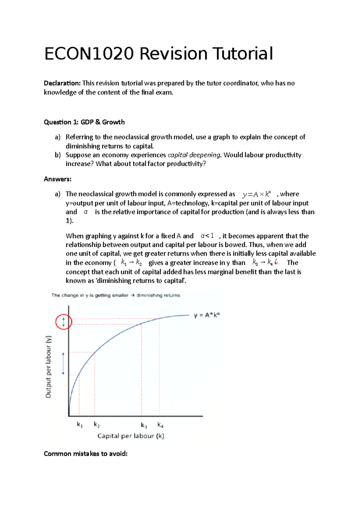 Revision Tutorial - Answers - ECON1020 Revision Tutorial Declaration ...