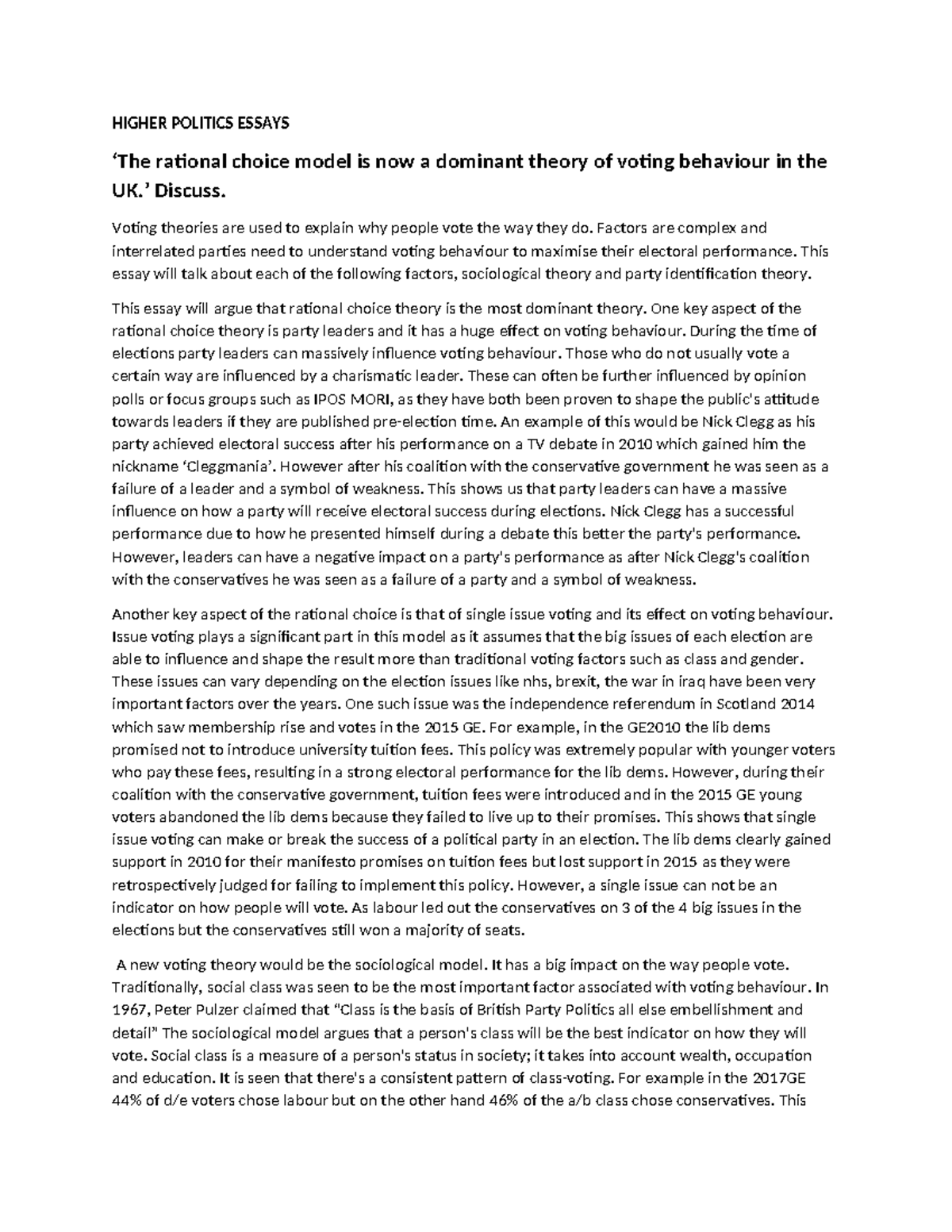 Higher Politics Essays - HIGHER POLITICS ESSAYS ‘The rational choice ...