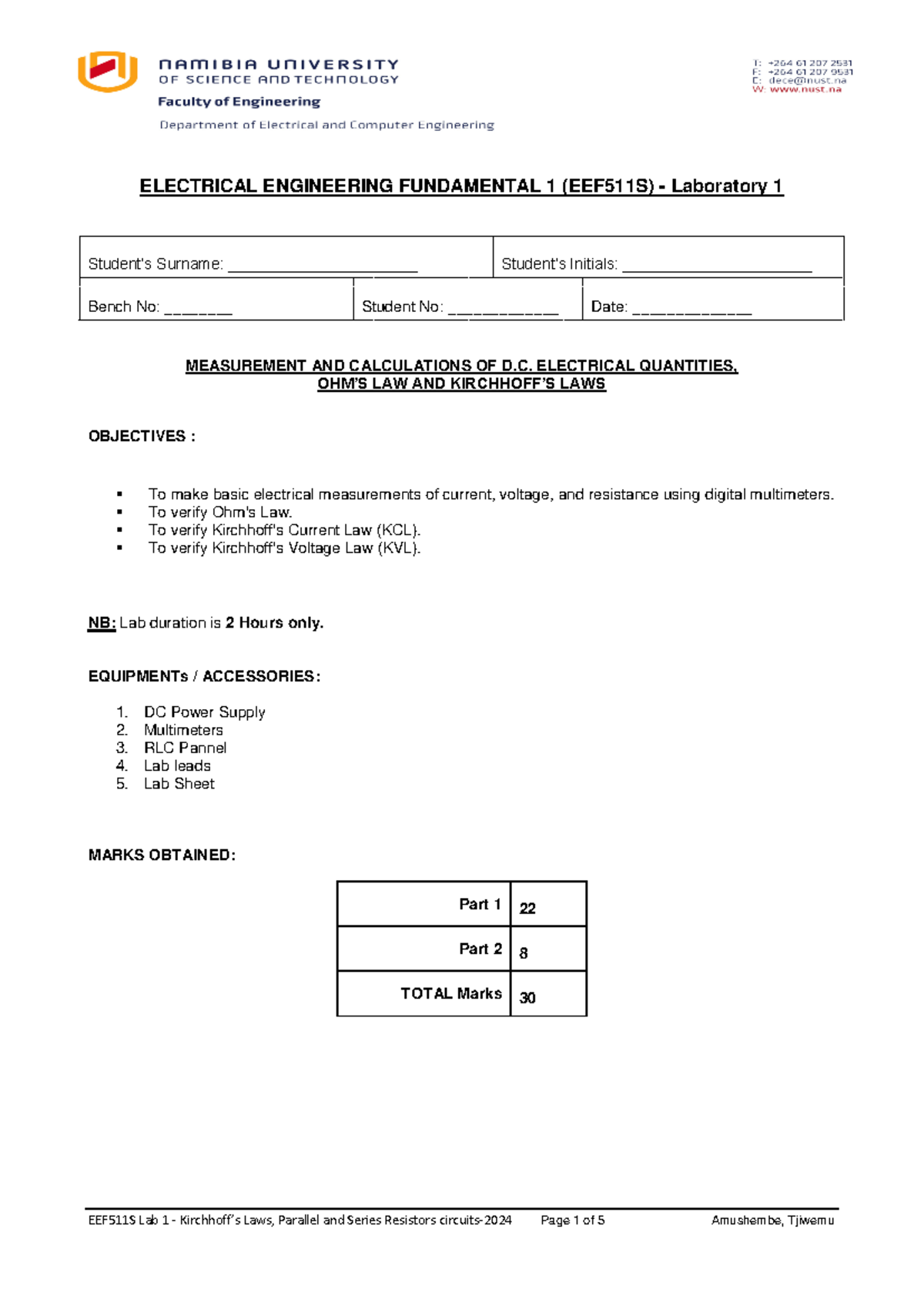 EEF511S Lab 1 - lab 1 questions - ELECTRICAL ENGINEERING FUNDAMENTAL 1 ...