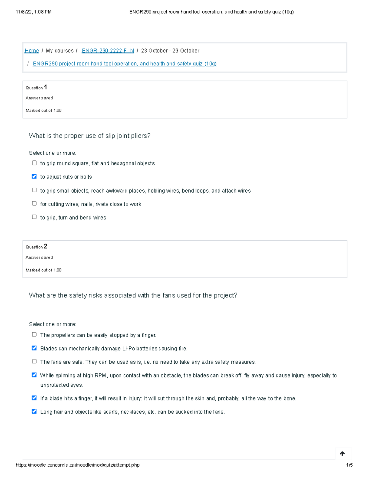 Saftery Quiz 290 - Home / My courses / ENGR-290-2222-F_N / 23 October - 29 October / ENGR290 ...