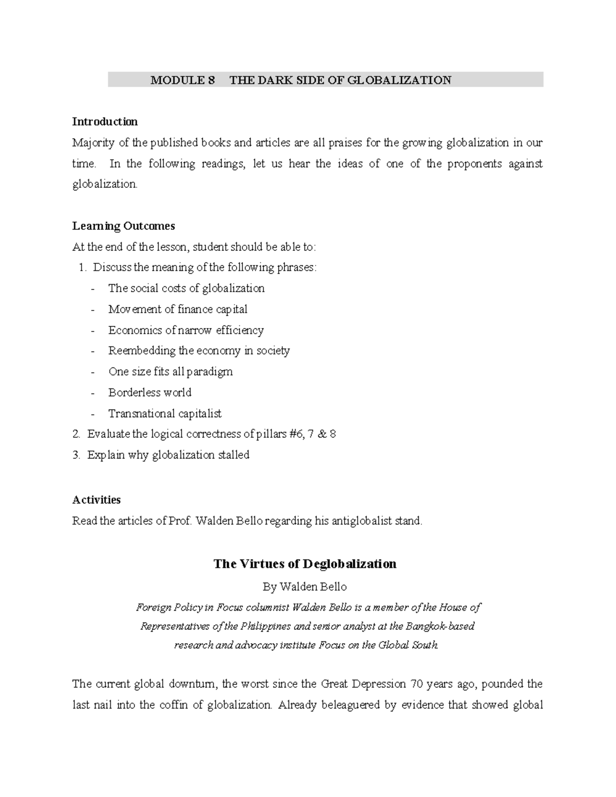 Module 8 THE DARK SIDE OF Globalization - MODULE 8 THE DARK SIDE OF ...