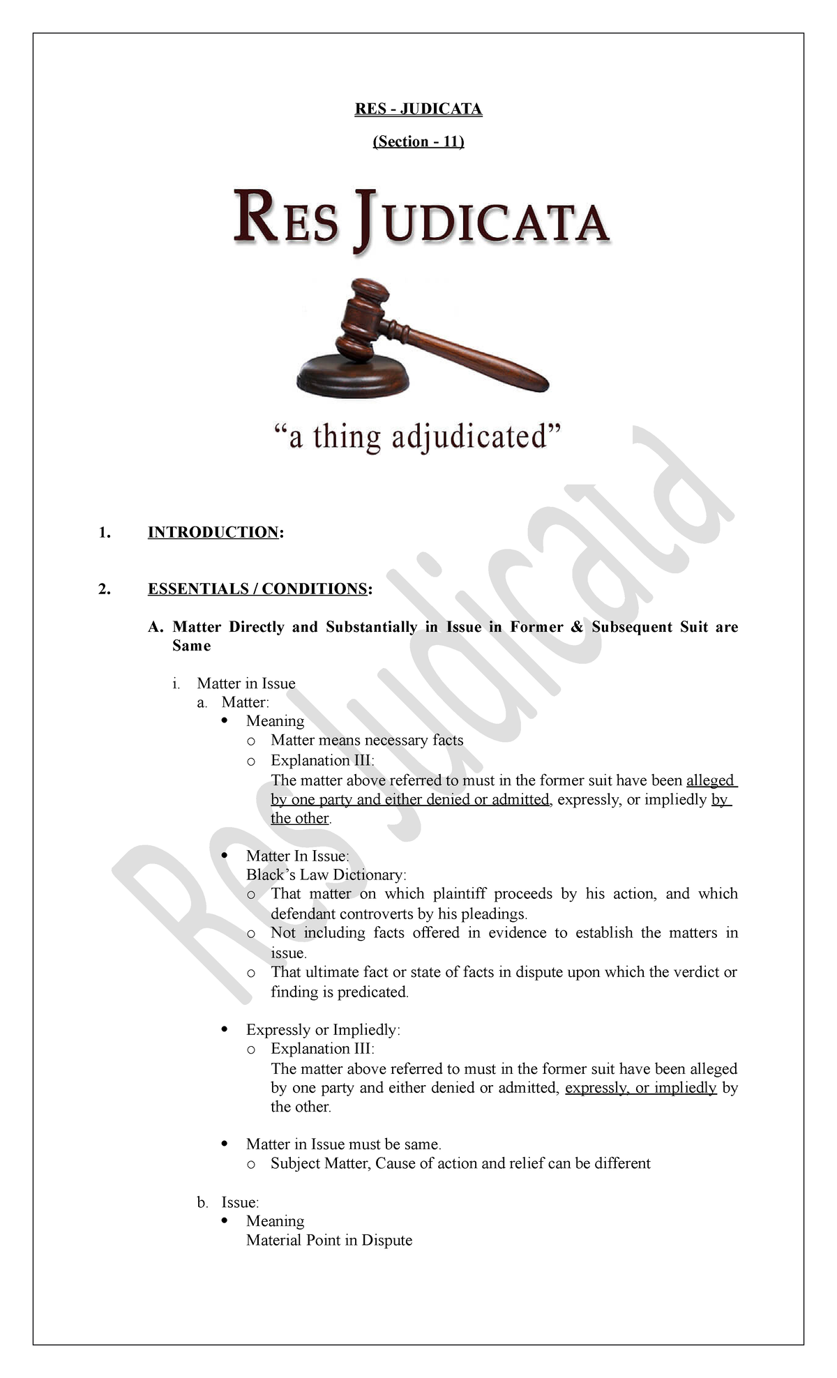 Lecture 3 Section 11 Res Judicata - RES - JUDICATA (Section - 11) 1 ...