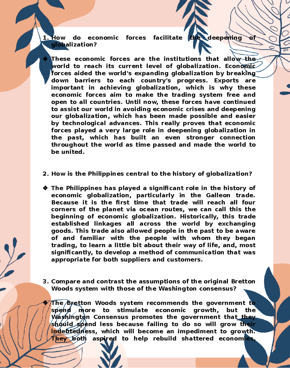 1st quiz prelim - bnmmm - How do economic forces facilitate the ...