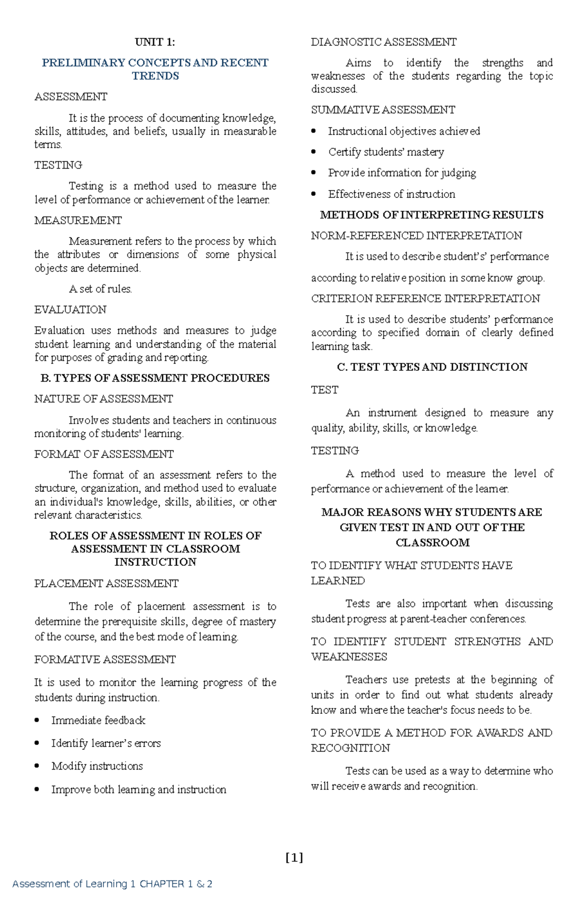 Assessment OF Learning 1 - UNIT 1: PRELIMINARY CONCEPTS AND RECENT ...