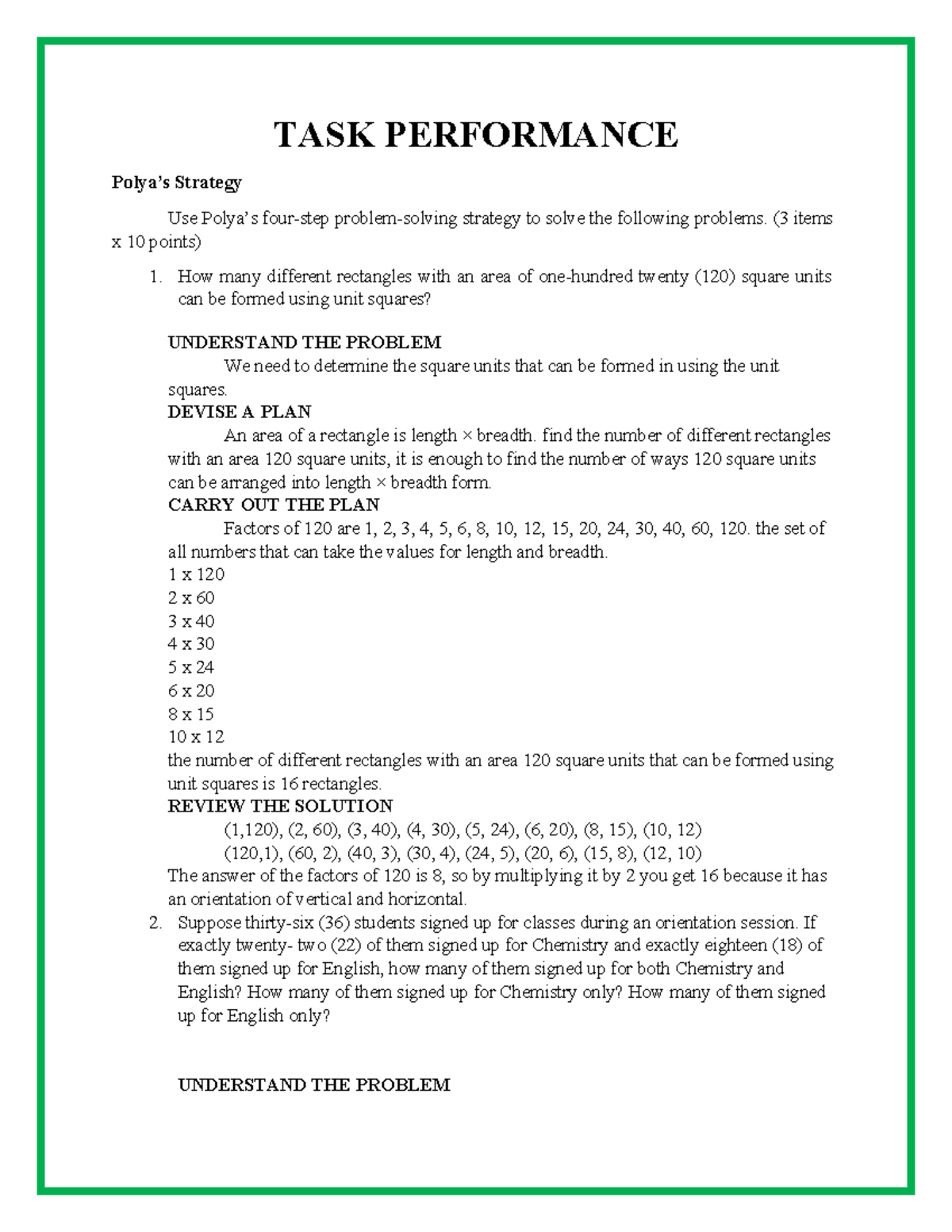 2nd-task-performance compress - TASK PERFORMANCE Polya’s Strategy Use Polya’s four-step - Studocu