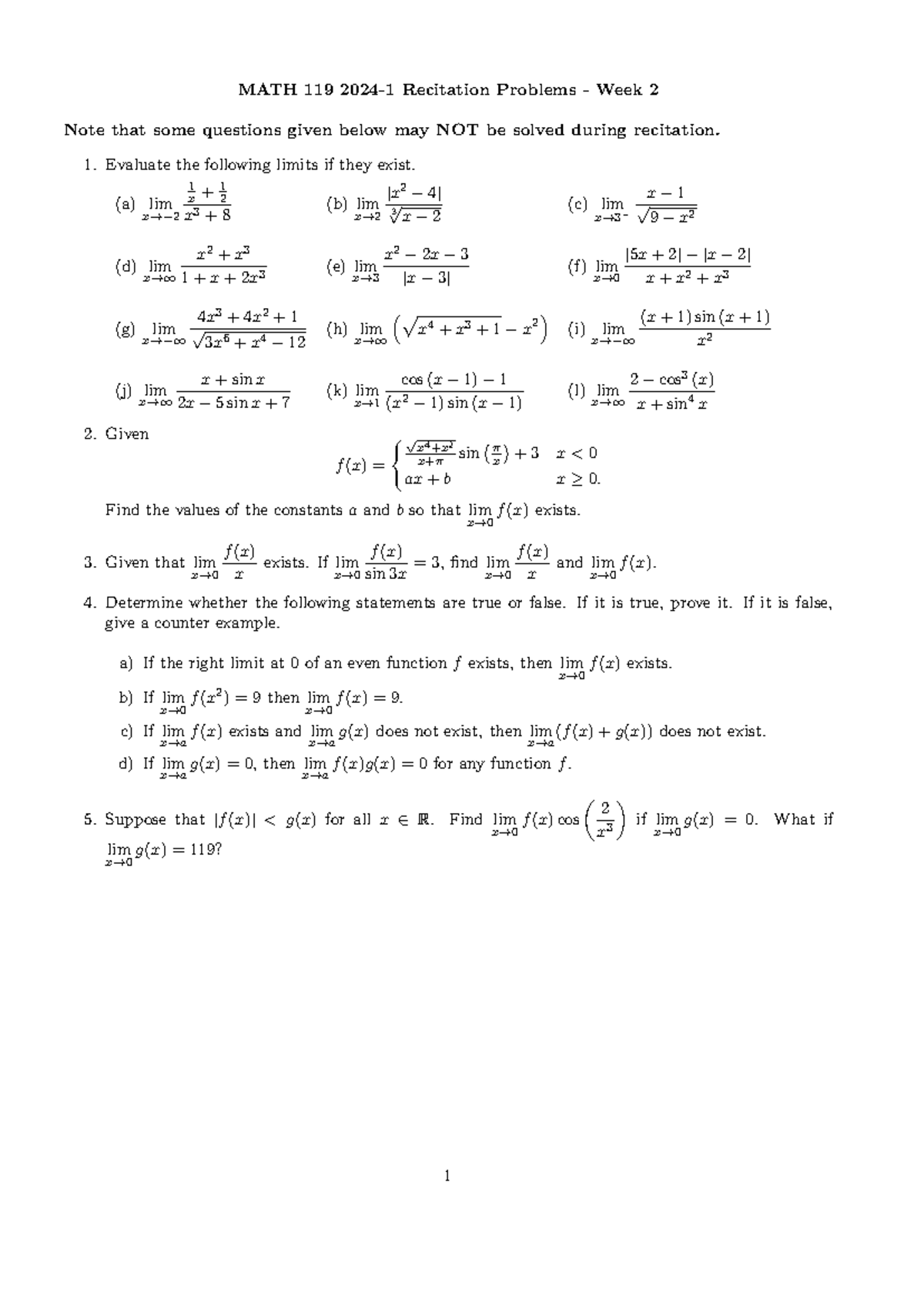 MATH119 Fall 2024 Recitation 2 - MATH 119 2024-1 Recitation Problems - Week 2 Note that some ...