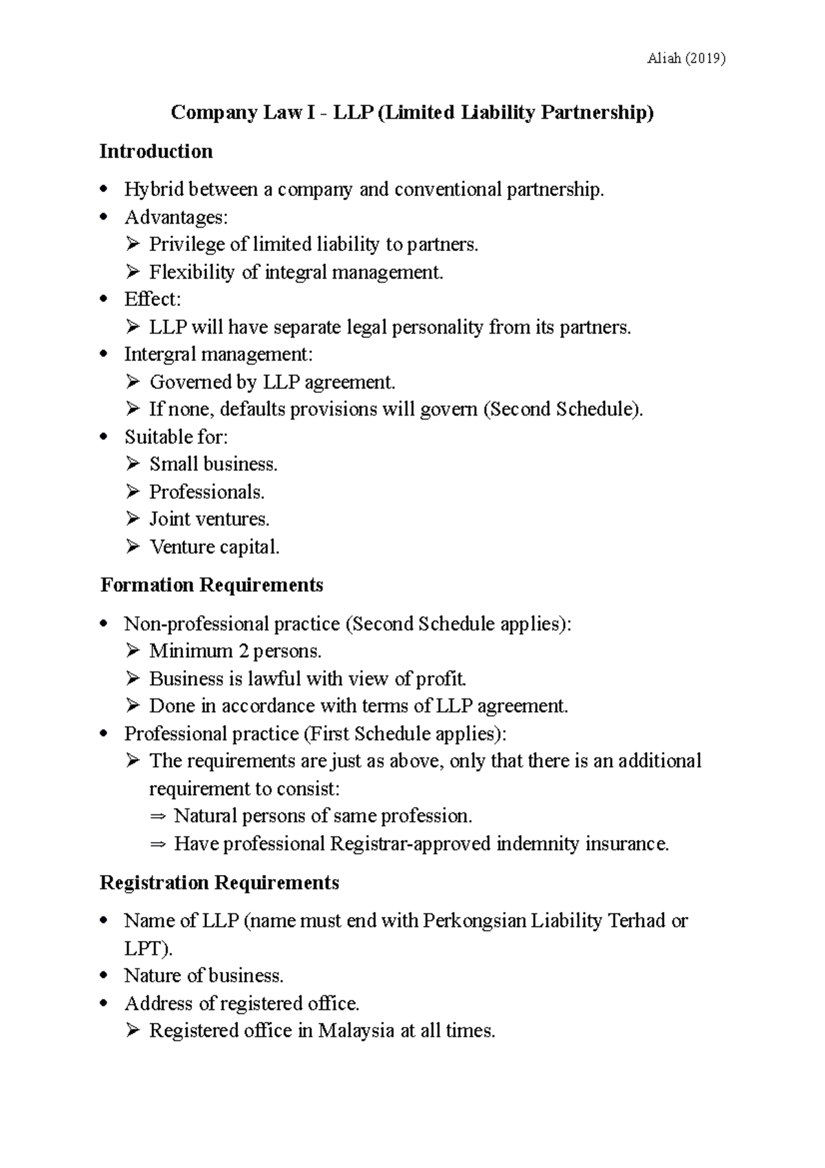 Company Law I - Limited Liability Partnership (LLP) - Aliah (2019 ...
