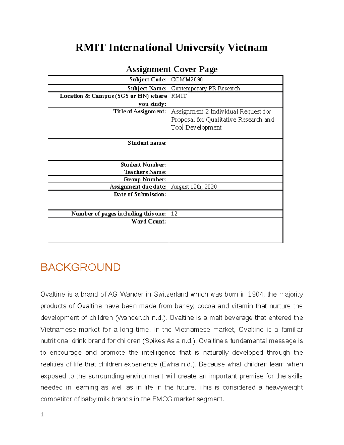 ASM2 Sample 1 PR RS - assignment 1 - RMIT International University ...