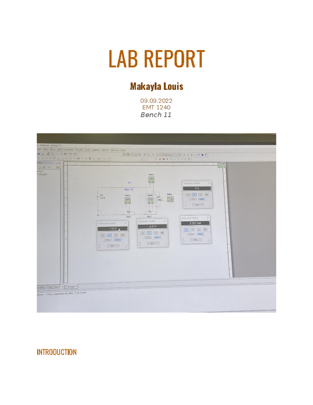 Lab 1 - Lab 1 - LAB REPORT Makayla Louis 09. EMT 1240 Bench 11 ...