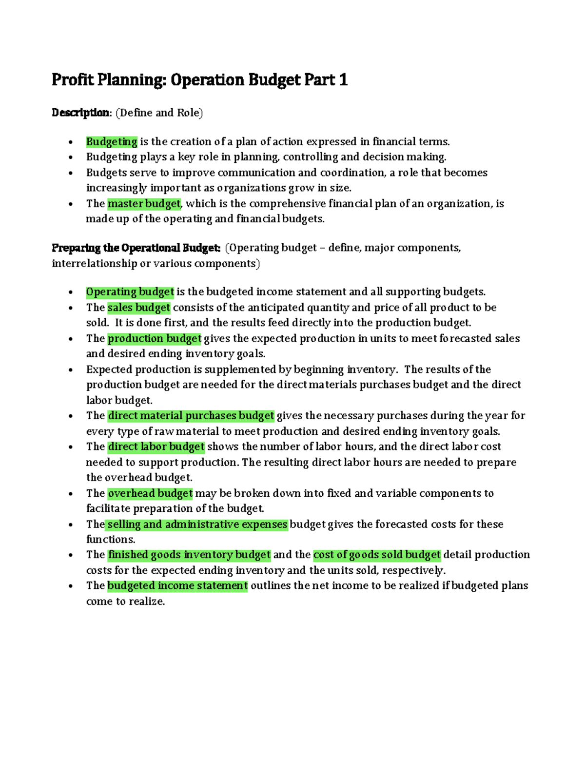 Acctg Notes Mod 2 Part 1 - Description: (Define and Role) Budgeting is ...
