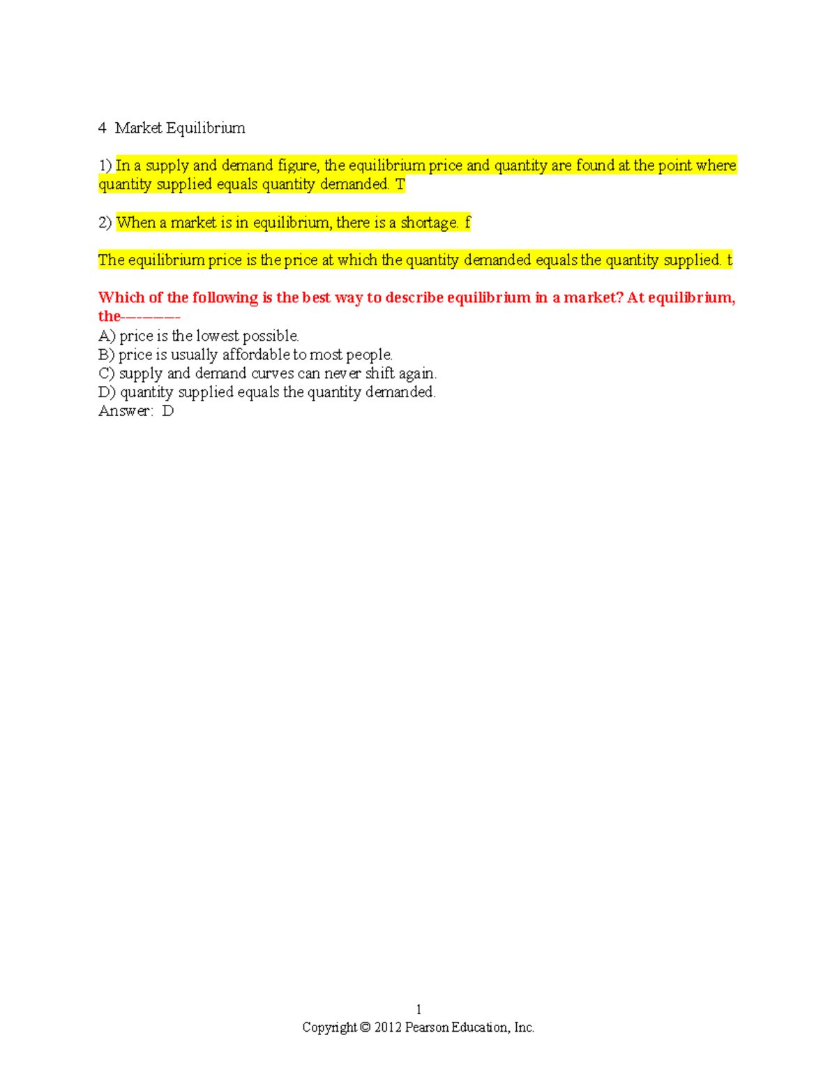 Chapter 3 - questions - 4 Market Equilibrium In a supply and demand ...