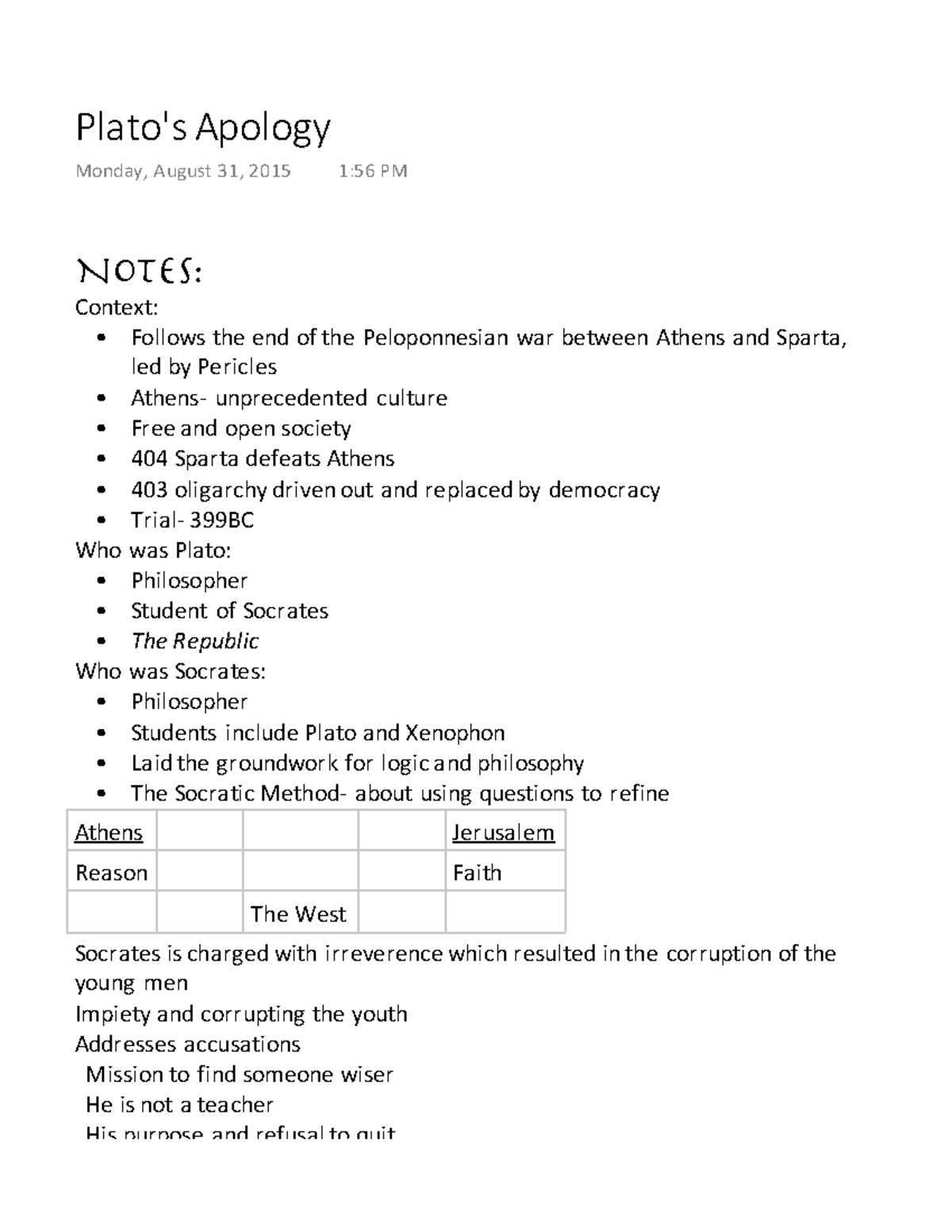 Plato's Apology - Plato's Apology Monday, August 31, 2015 1:56 PM Notes ...