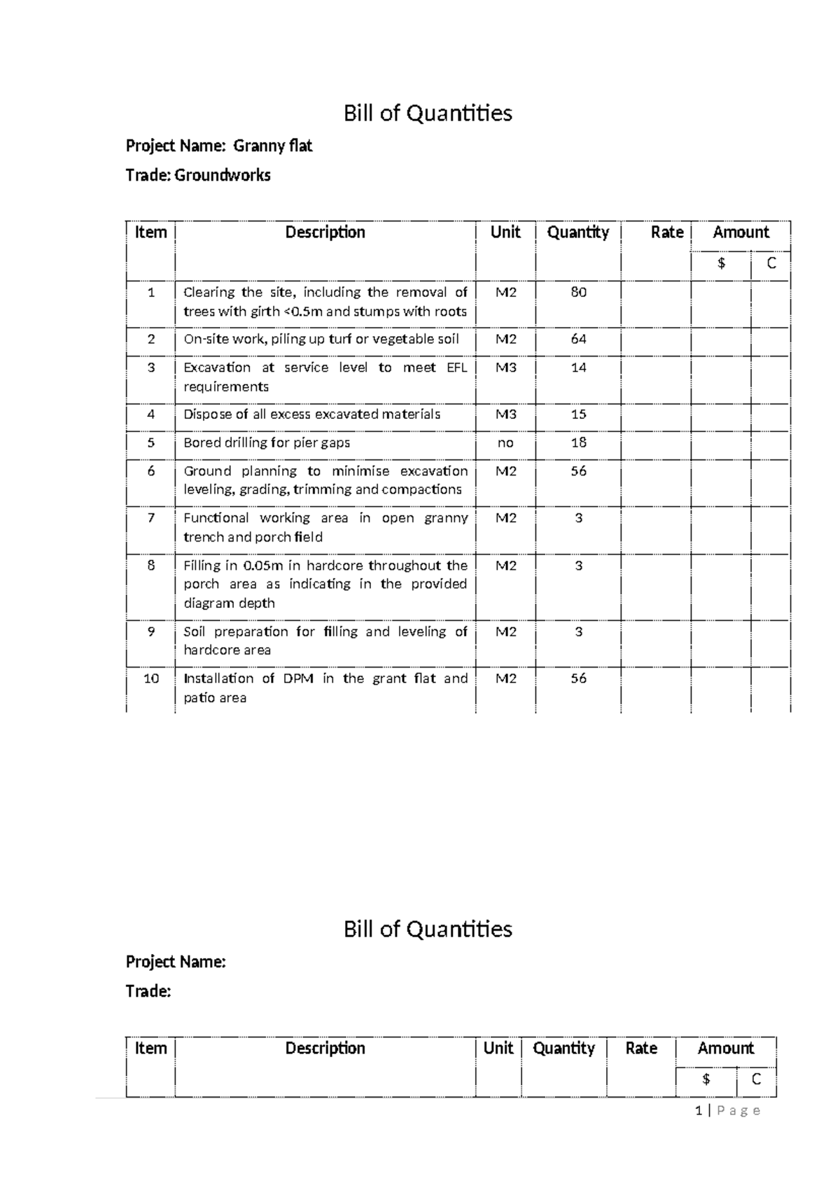 Bo Q template - Bill of Quantities Project Name: Granny flat Trade ...