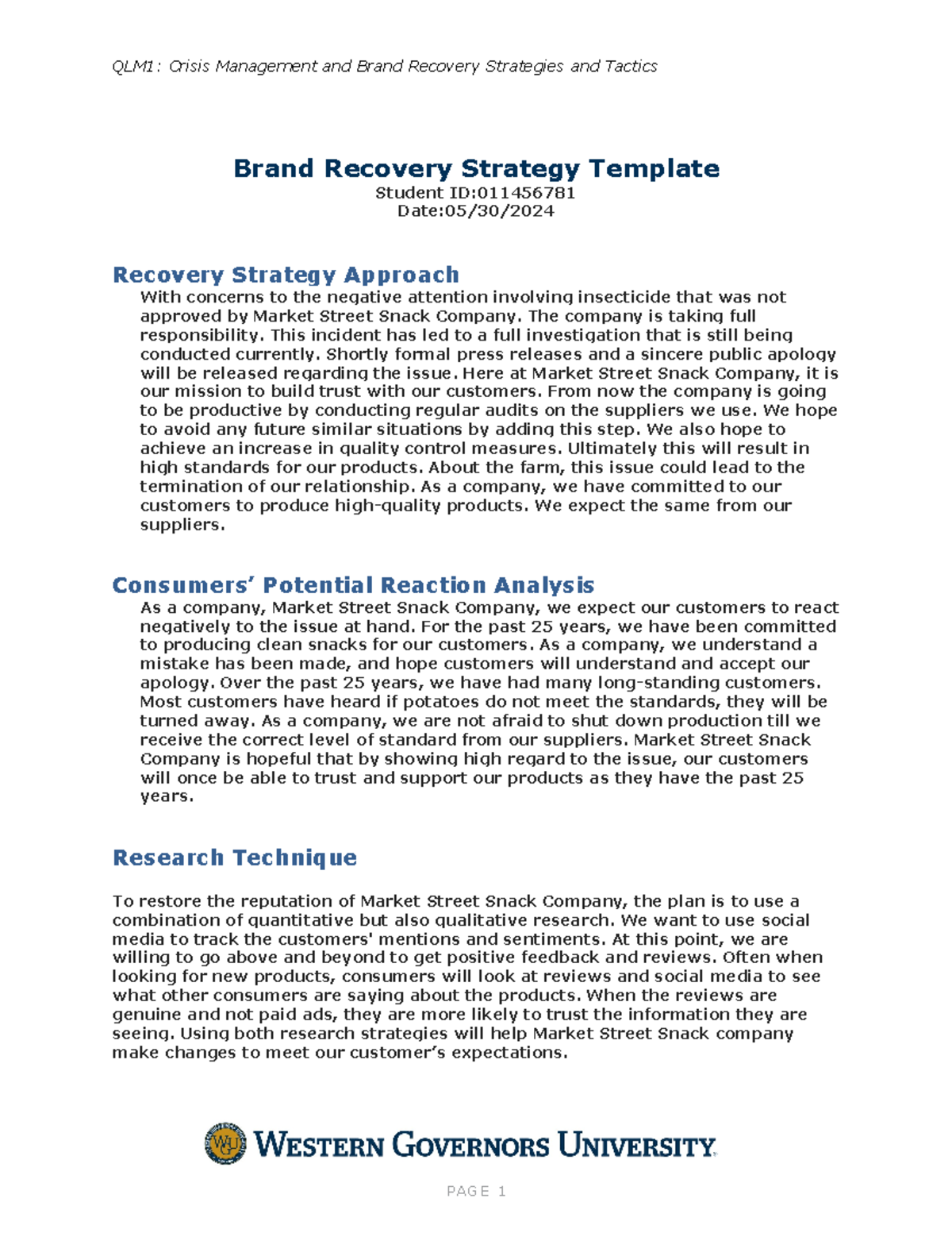 Brand Recovery Strategy Task 2- Sub 1 - QLM1: Crisis Management and ...