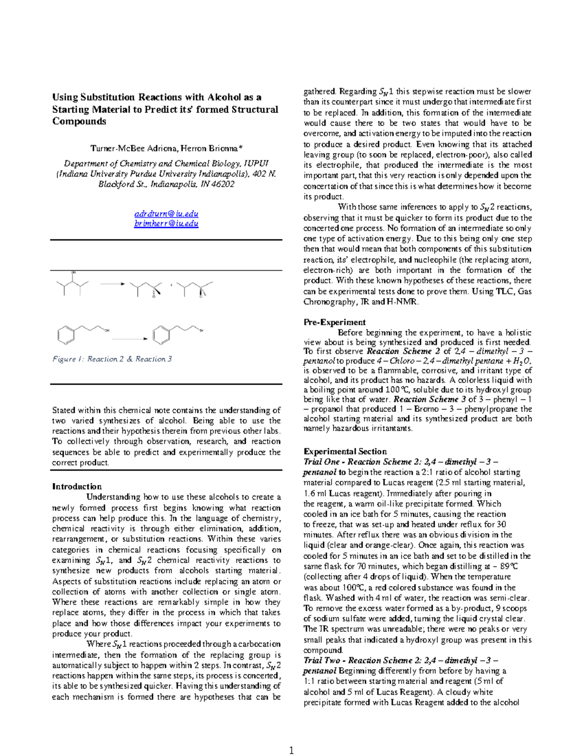 C343 JOC Note - Adriona Turner-Mc Bee - 1 Using Substitution Reactions ...