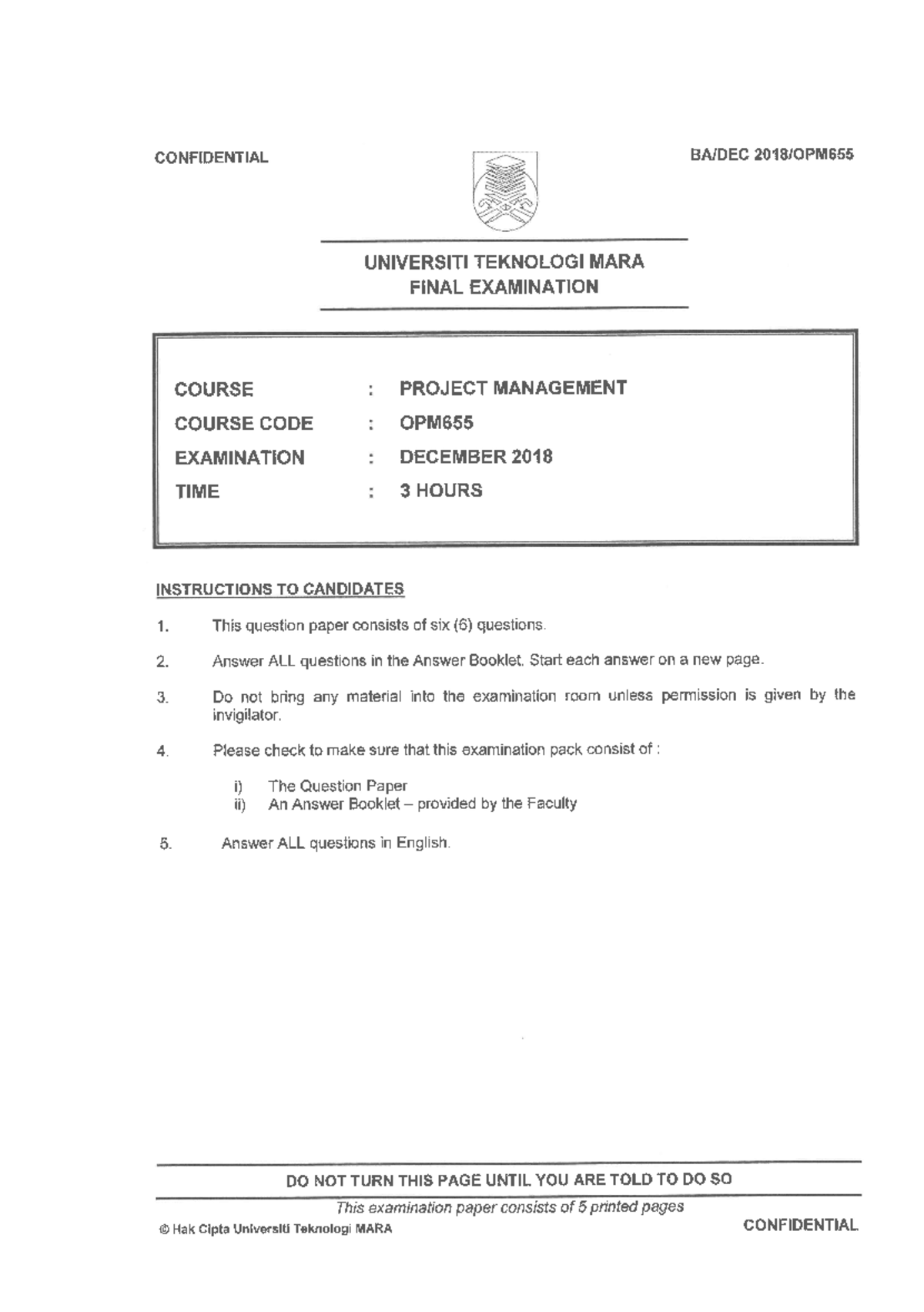 OPM655 DEC 18 - past year question - Project Management - Studocu