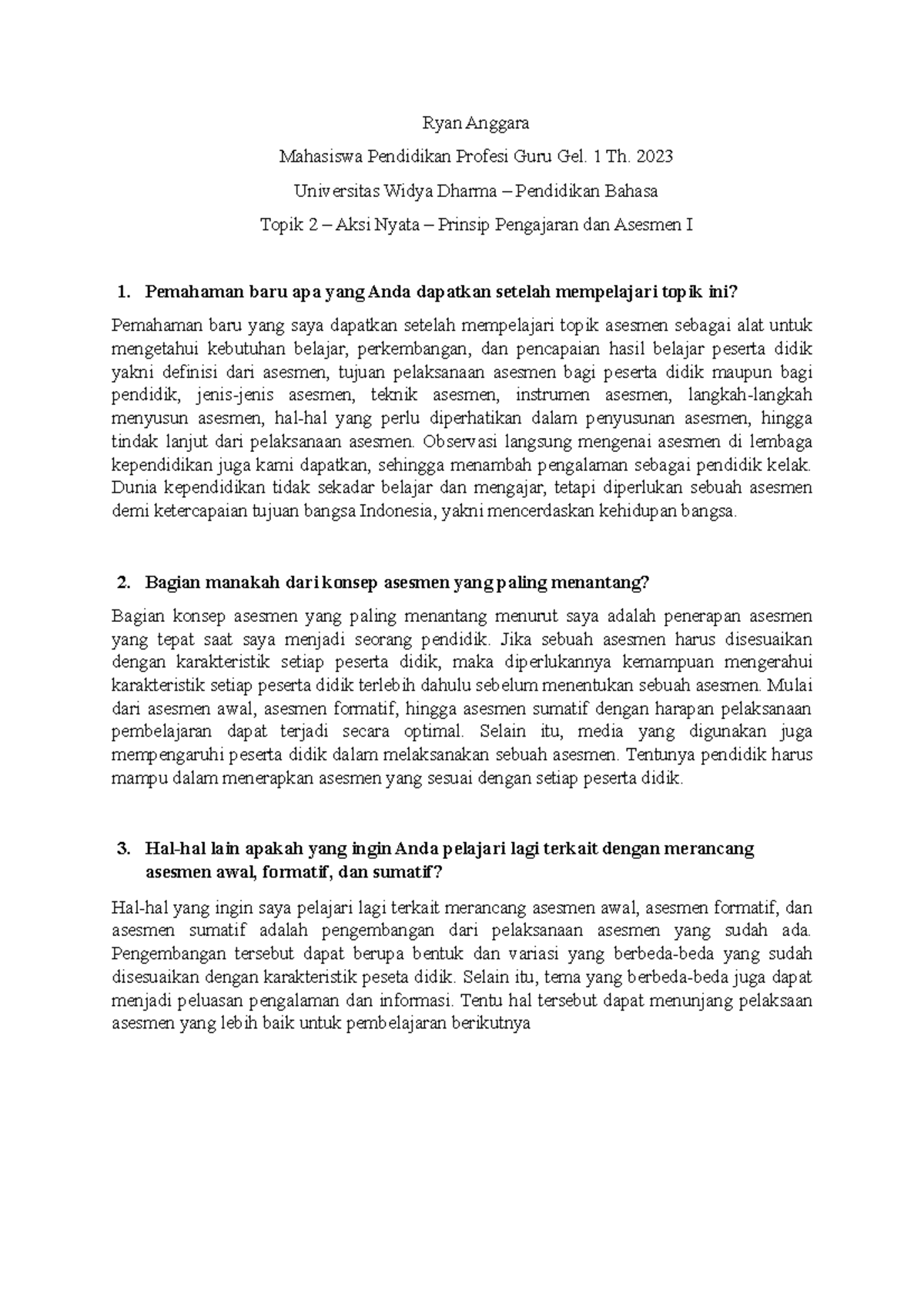 Topik 2 – Aksi Nyata – Prinsip Pengajaran dan Asesmen I - Ryan Anggara ...