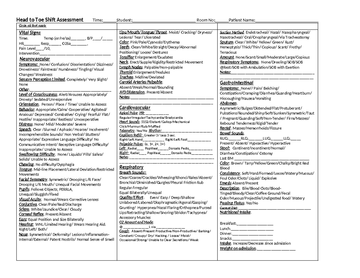 H-T Shift Assessment - Head to Toe Shift Assessment Time:Student ...