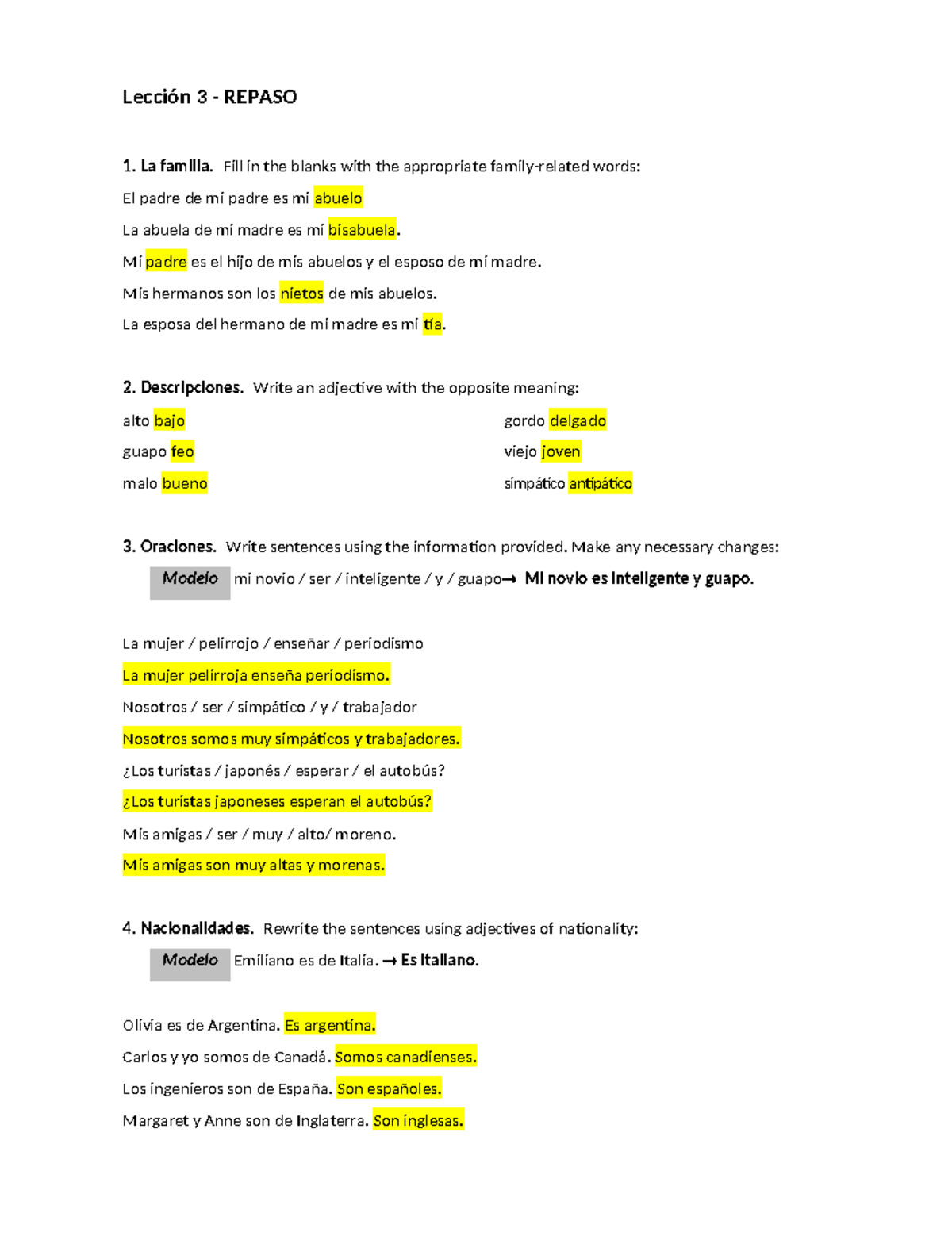 Answer+Key.+Handout - Answer key to review - Lección 3 - REPASO La ...