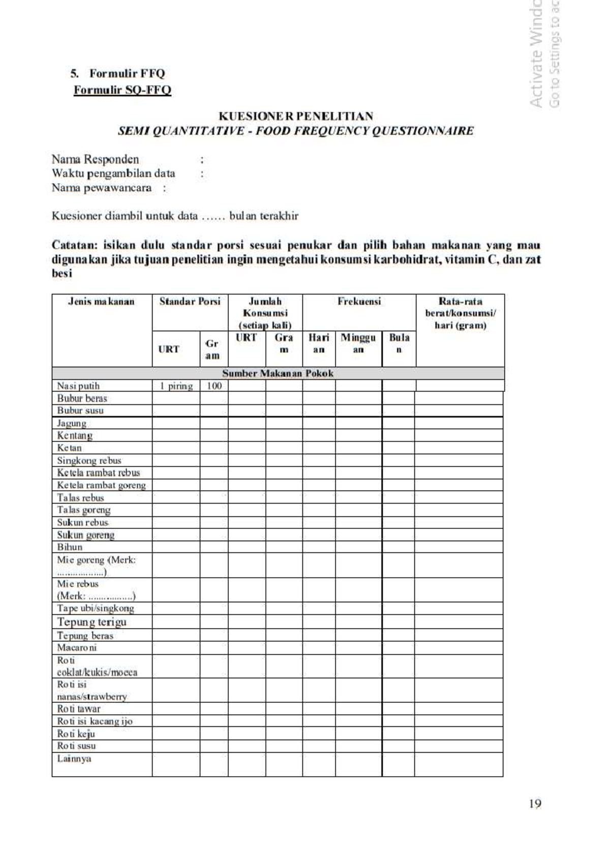 FORM FFQ , SQ-FFQ - formulir ffq - Ilmu gizi - Studocu