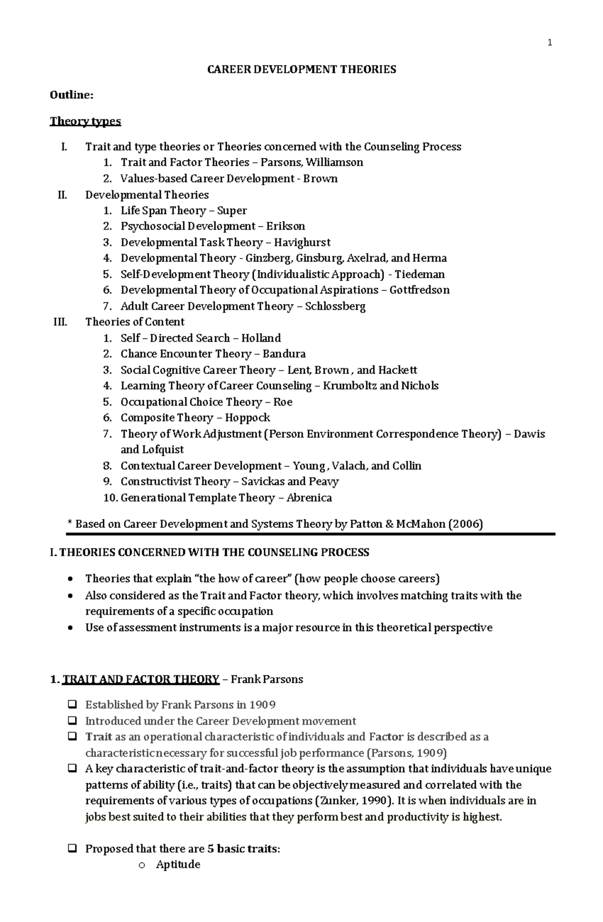 Career Development Theories Career Development Theories Outline