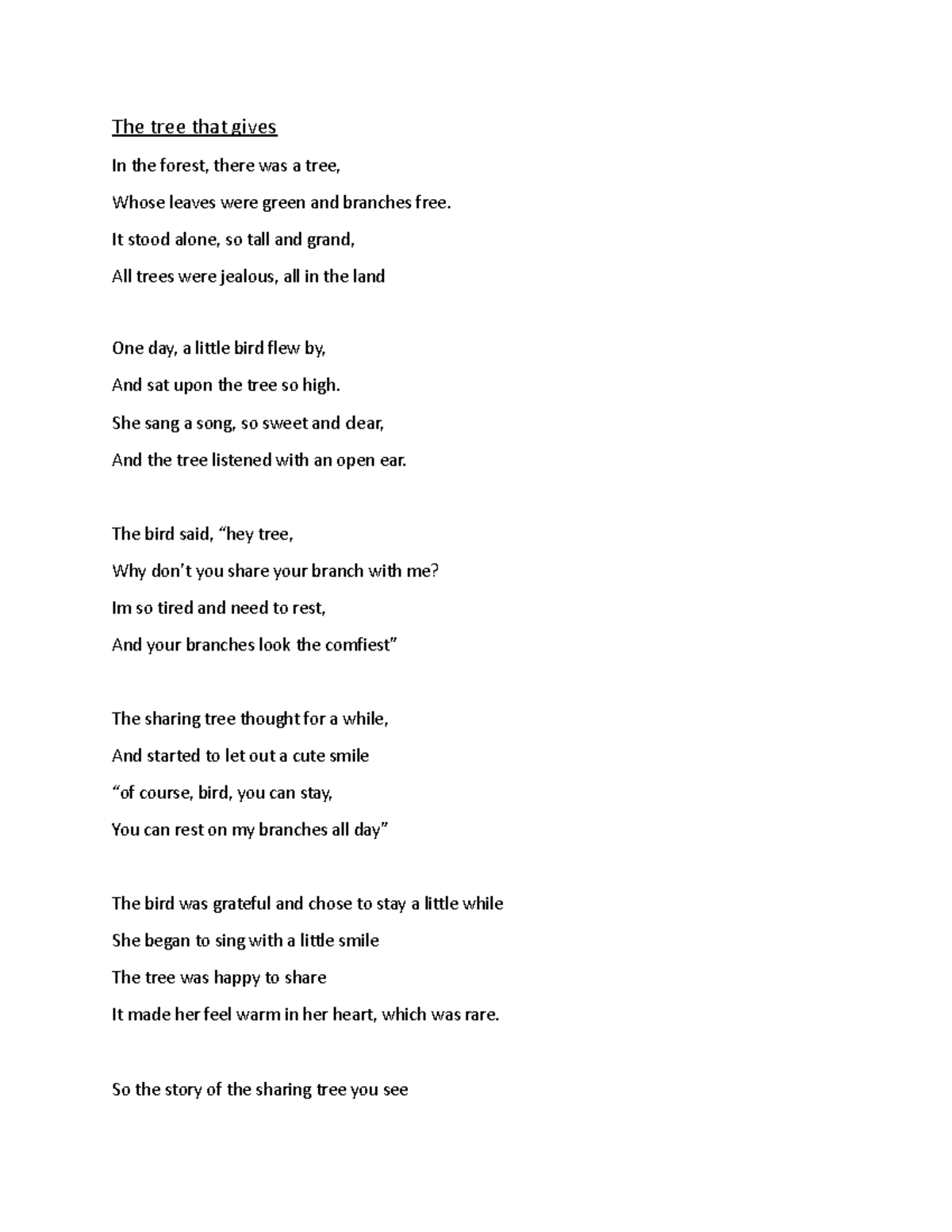 Childrens story - The tree that gives In the forest, there was a tree ...