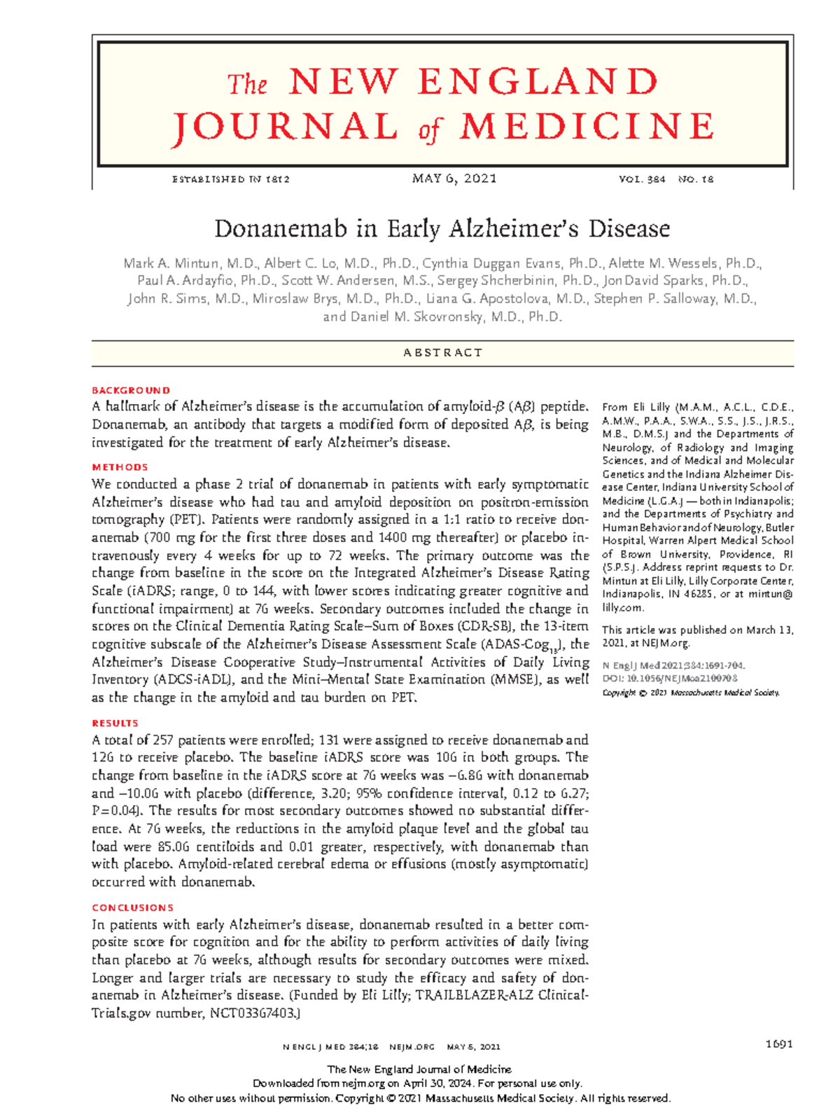 NEJMoa 2100708 - The new england journal of medicine n engl j med 384 ...