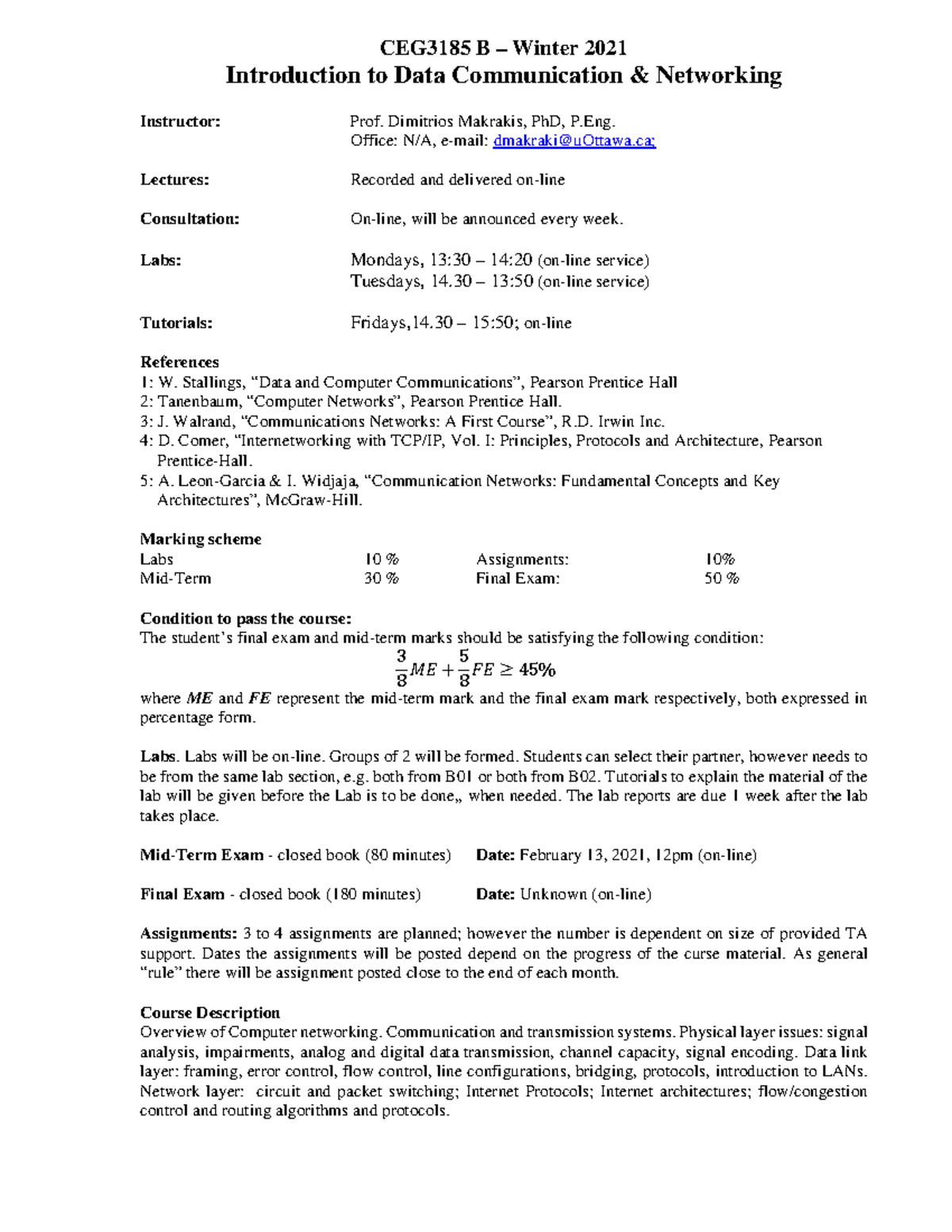 CEG3185 Introduction to Data Communications and Networking Course outline Winter 2021 - CEG3185 ...