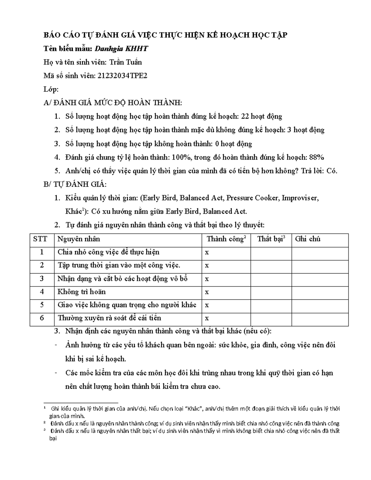 Danhgia KHHT Tran Tuan - note - BÁO CÁO TỰ ĐÁNH GIÁ VIỆC THỰC HIỆN KẾ ...