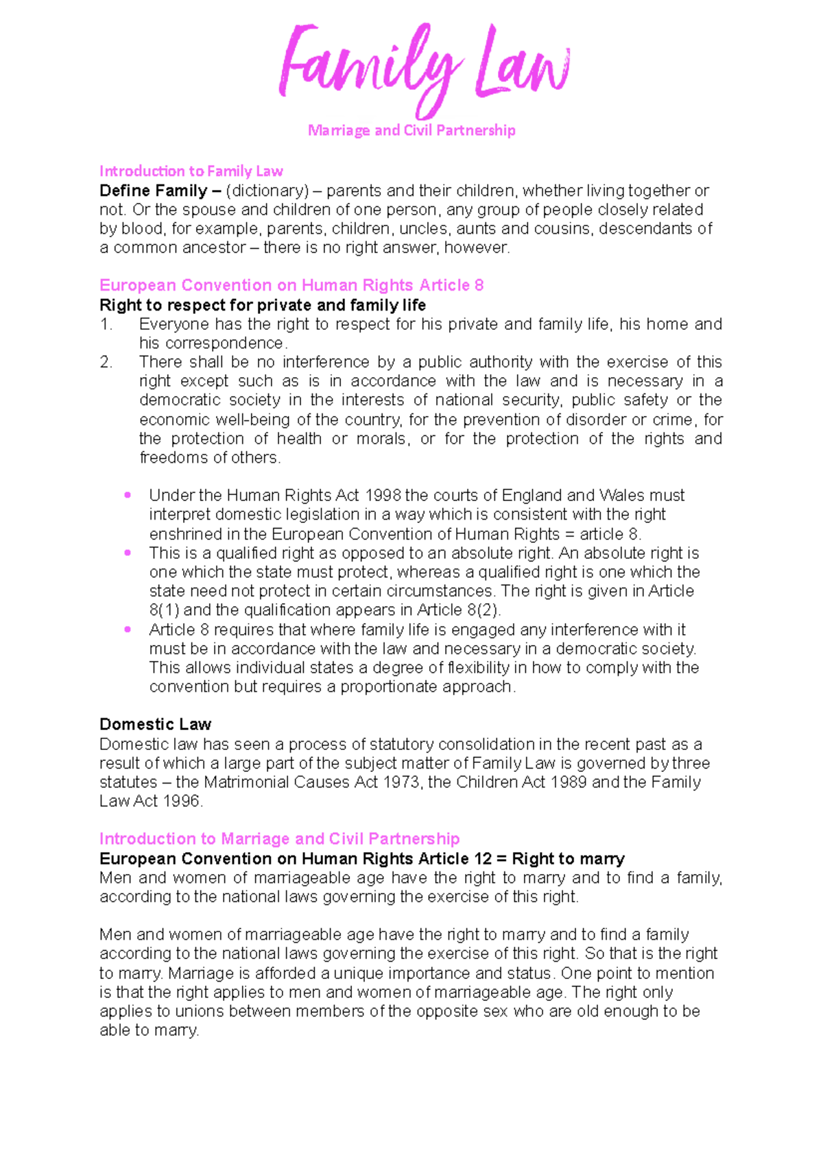UNIT 1 NOTES LLB - Marriage and Civil Partnership Introduction to ...